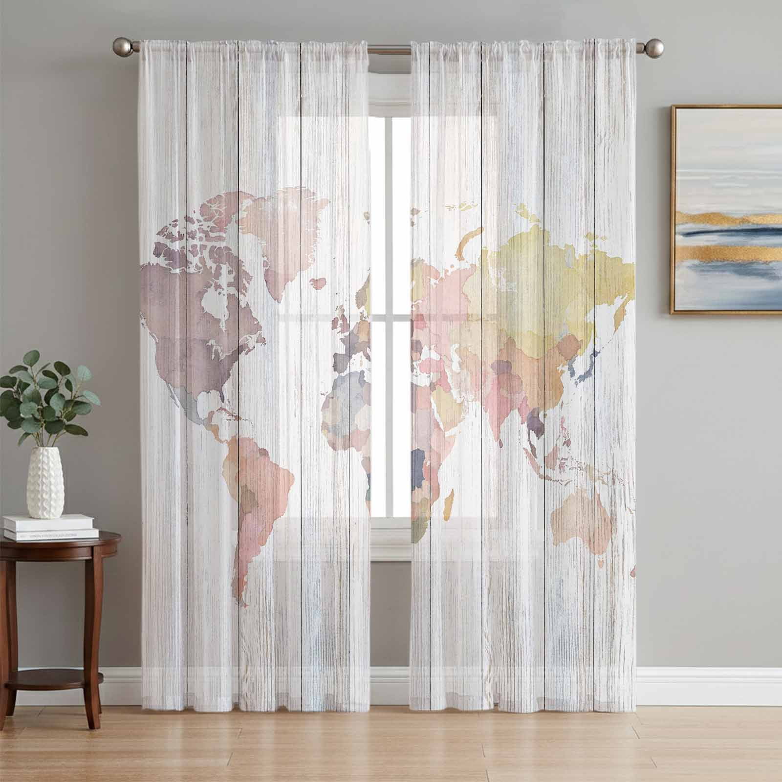 World Map Sheer Curtains 84 Inch Length 2 Panels Set, Farmhouse ...
