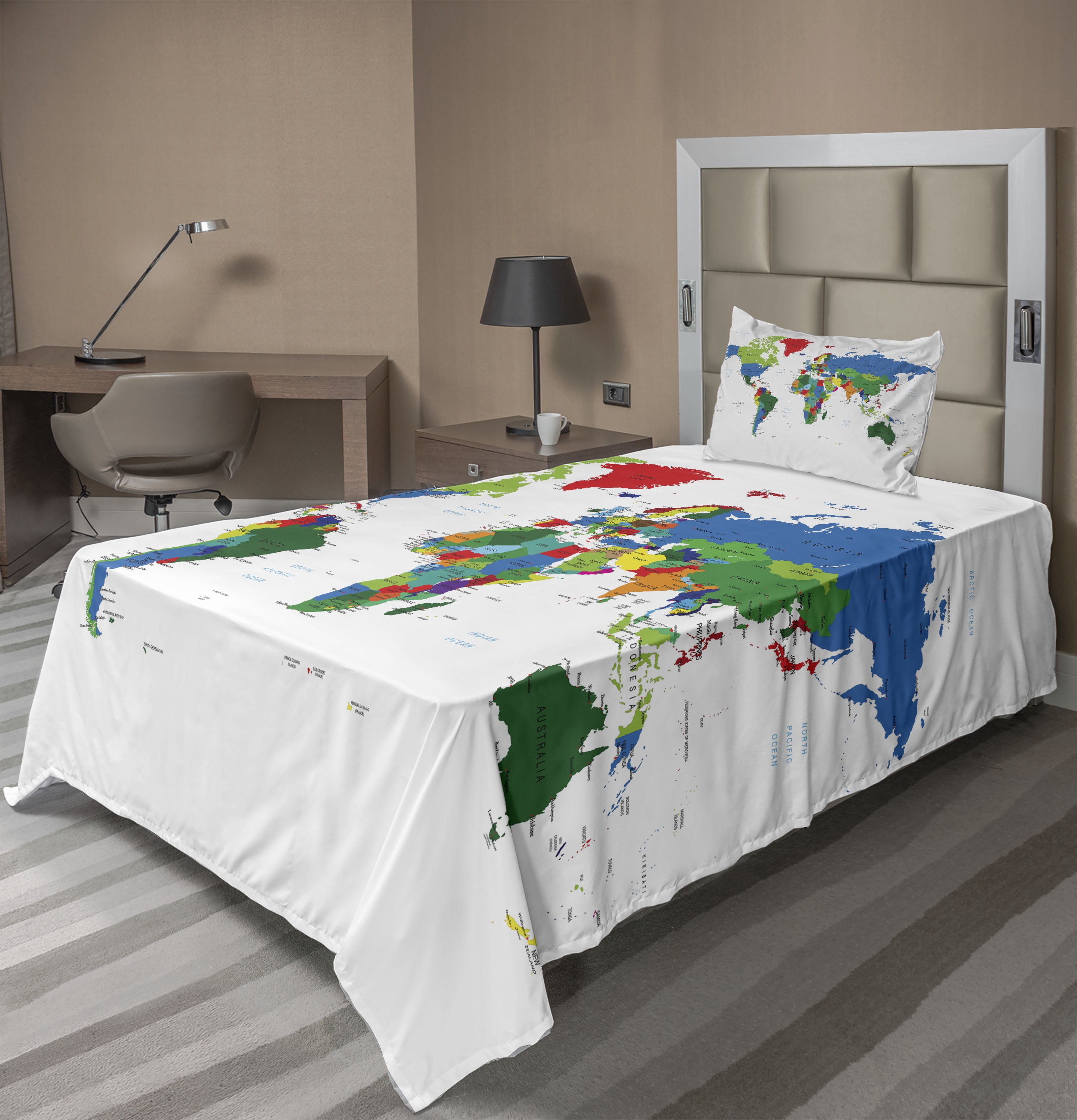 Ambesonne World Map Fitted & Top Sheet Set with Sham, Colorful ...