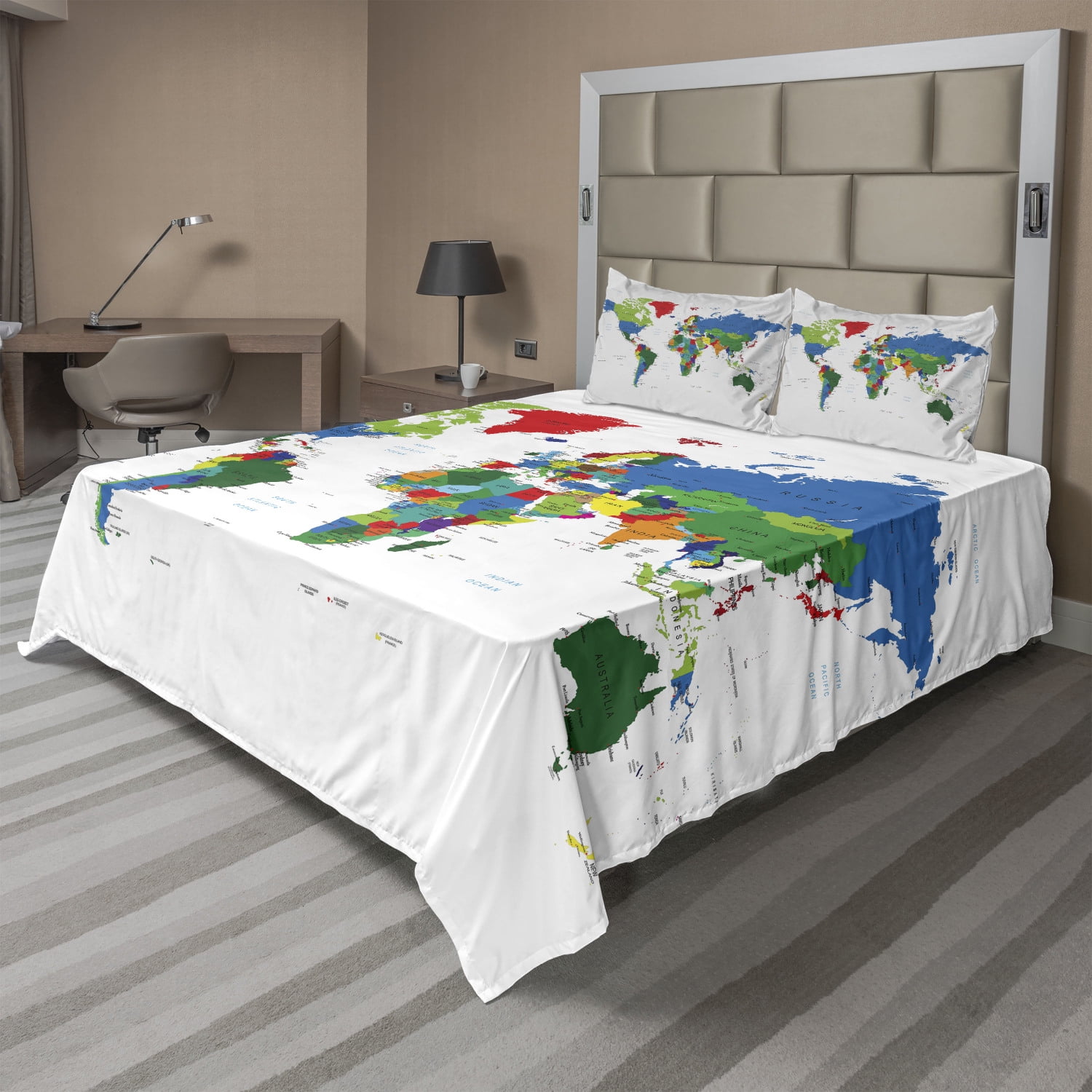 Ambesonne World Map Fitted & Top Sheet Set with Shams, Colorful ...