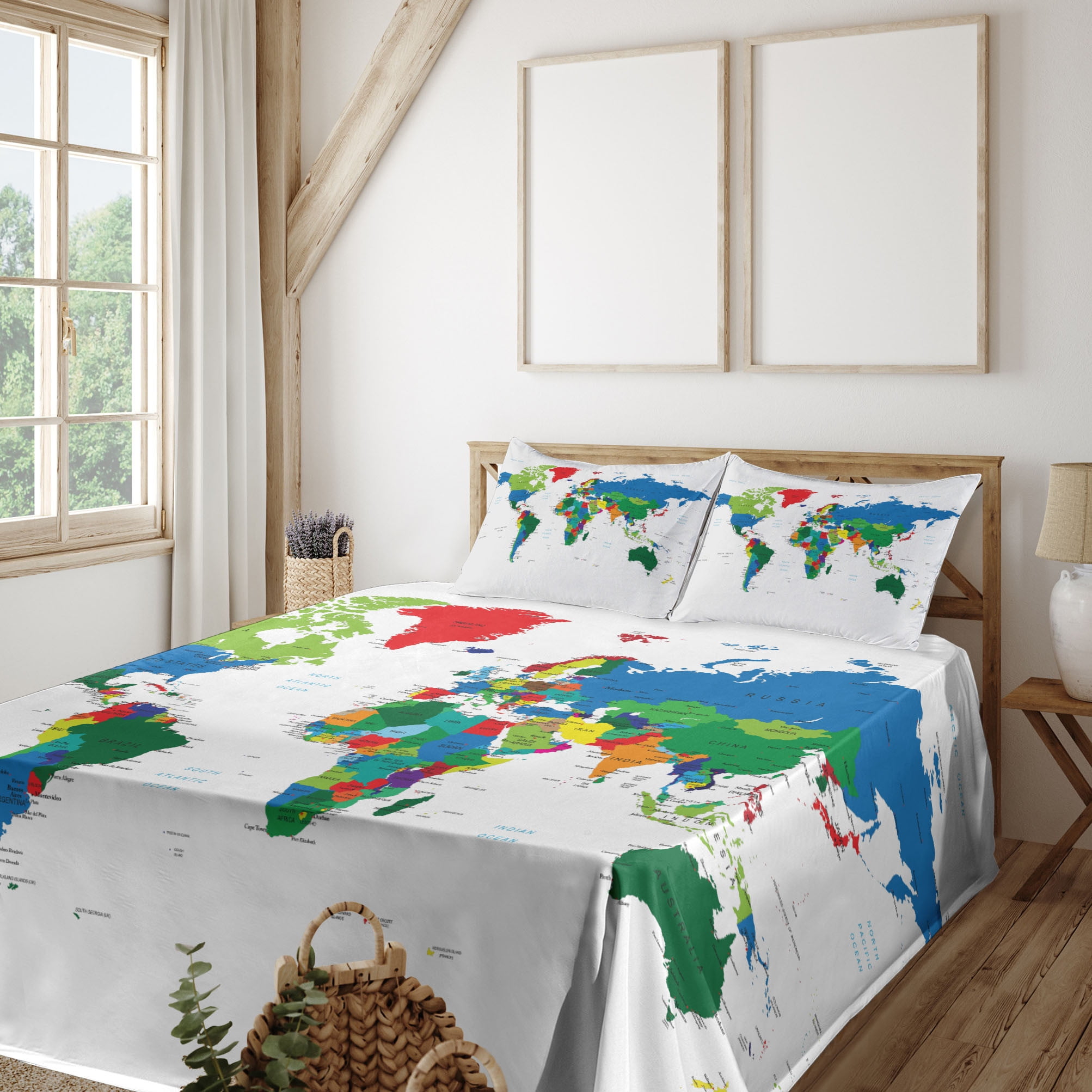 Ambesonne World Map Fitted & Top Sheet Set with Shams, Colorful ...