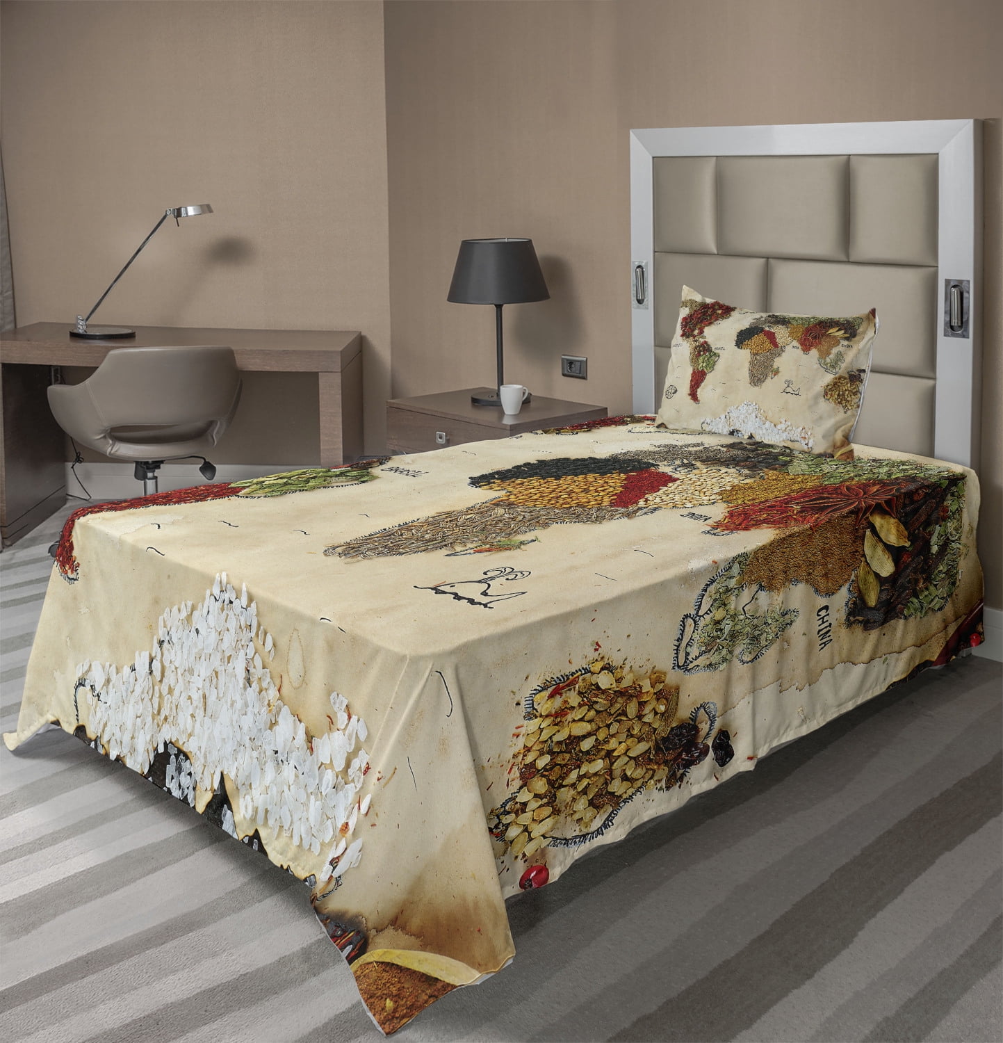 World Map Sheet Set, Different Spices Design Food Bohemian Style Art ...