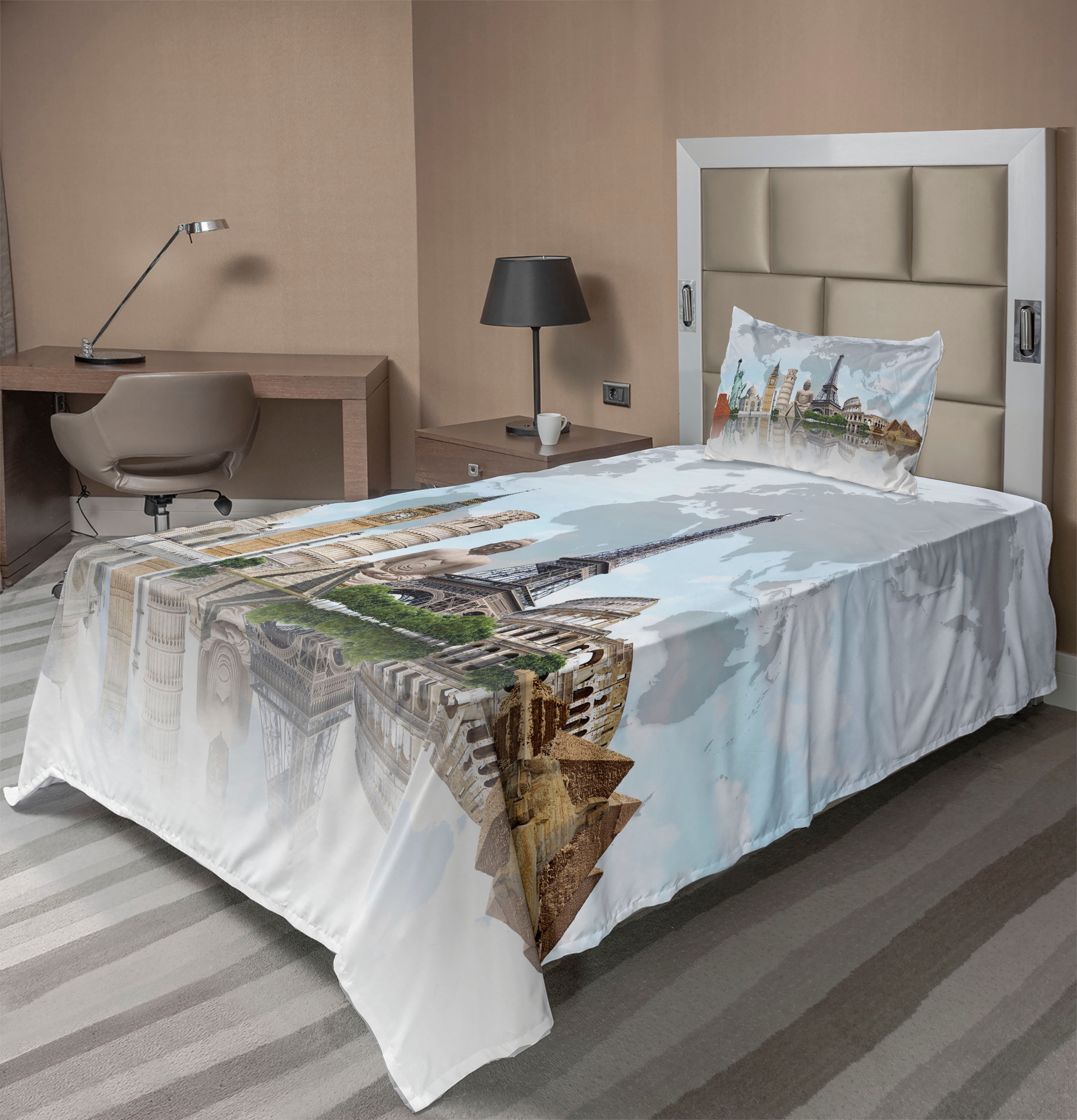 Ambesonne World Map Fitted & Top Sheet Set with Sham, Landmark ...