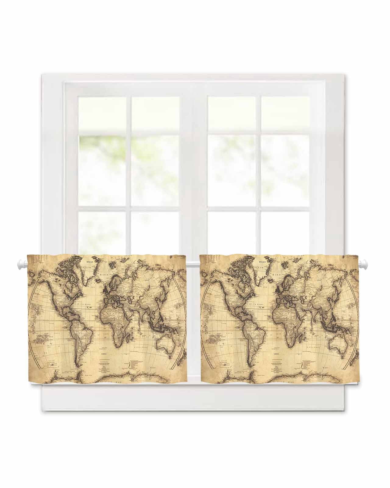 World Map Short Blackout Curtains 24 Inch Long Retro Yellow Plate Line ...