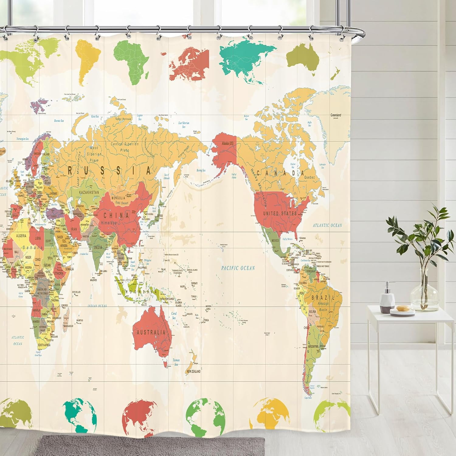 World Map Shower Curtain 72Wx72H Inch Map of The World Vintage Odorless ...