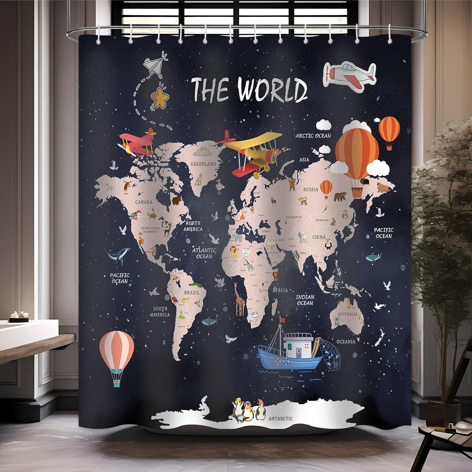 World Map Shower Curtain Countries and Cities Map of The World with ...