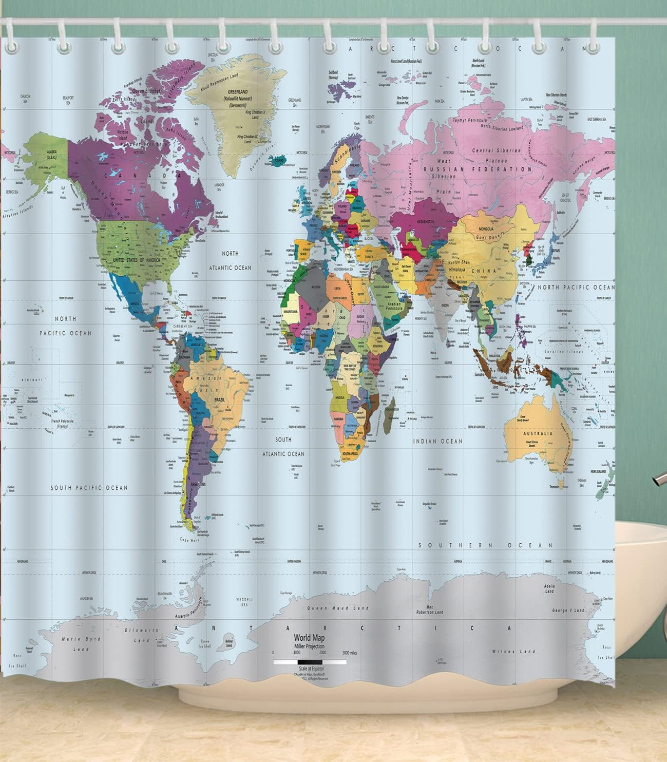 World Map Shower Curtain Geography Countries Capital Cities Blue Earth ...