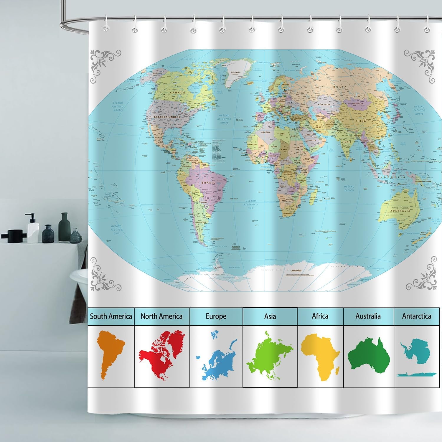 World Map Shower Curtain, Map of The World with Countries and Cities ...