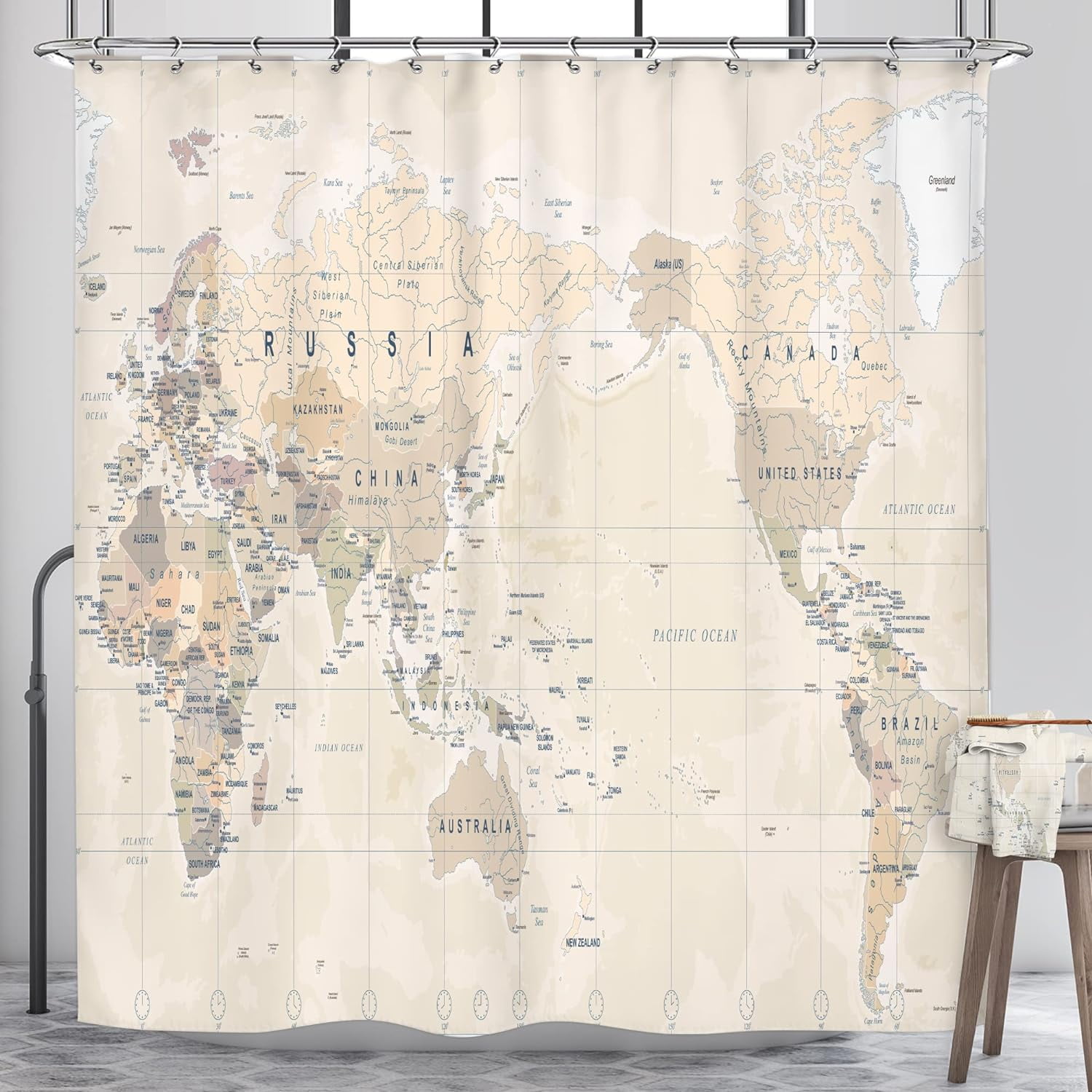 World Map Shower Curtain Travel Educational Vintage Geography Retro ...