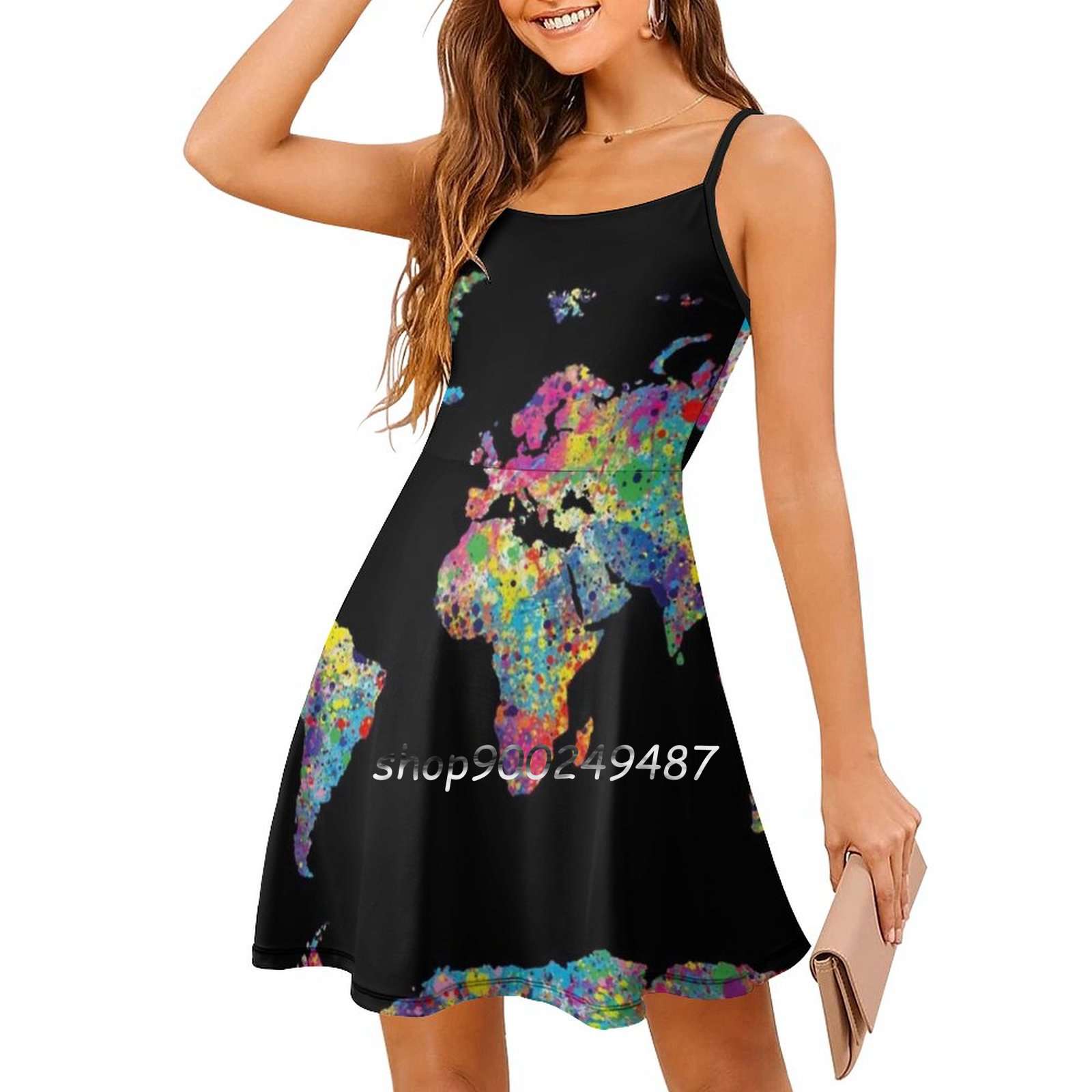 World Map Square Neck Dress Cute Loose Print Dresses Elegant Beach ...