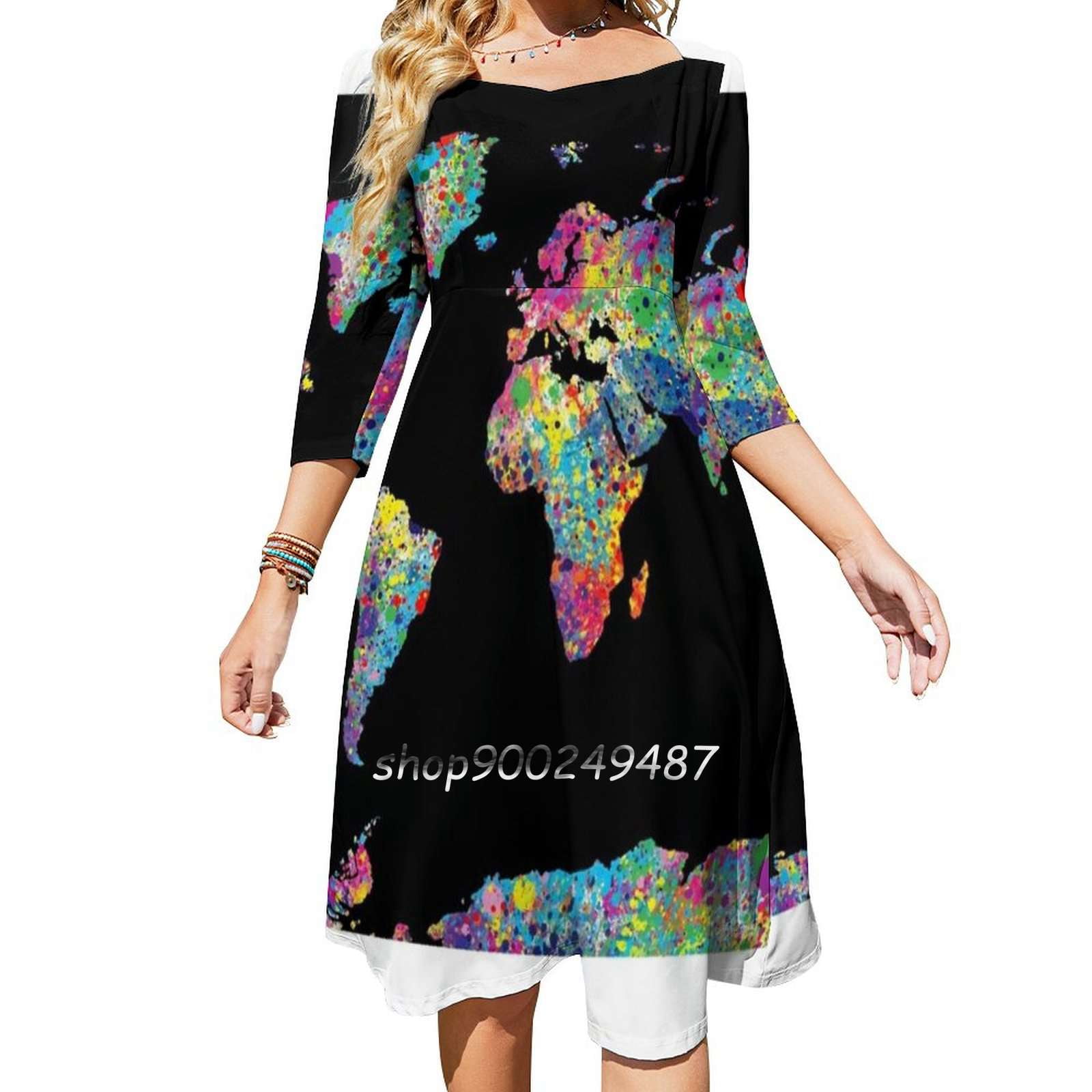 World Map Square Neck Dress Cute Loose Print Dresses Elegant Beach ...