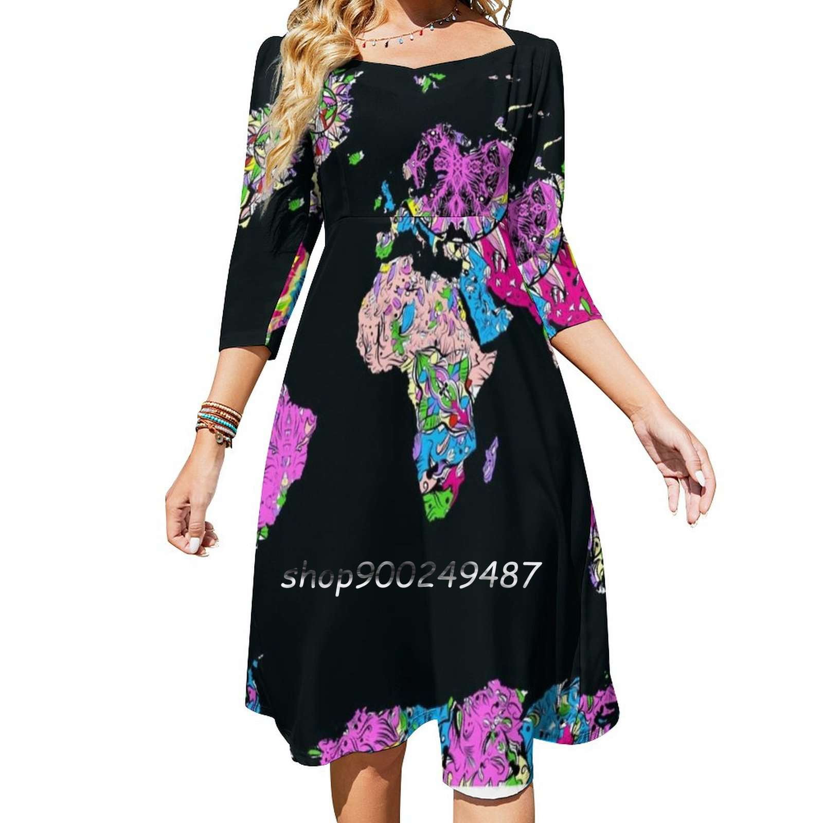 World Map Square Neck Dress Sweet Summer Dress Women Elegant Halter ...