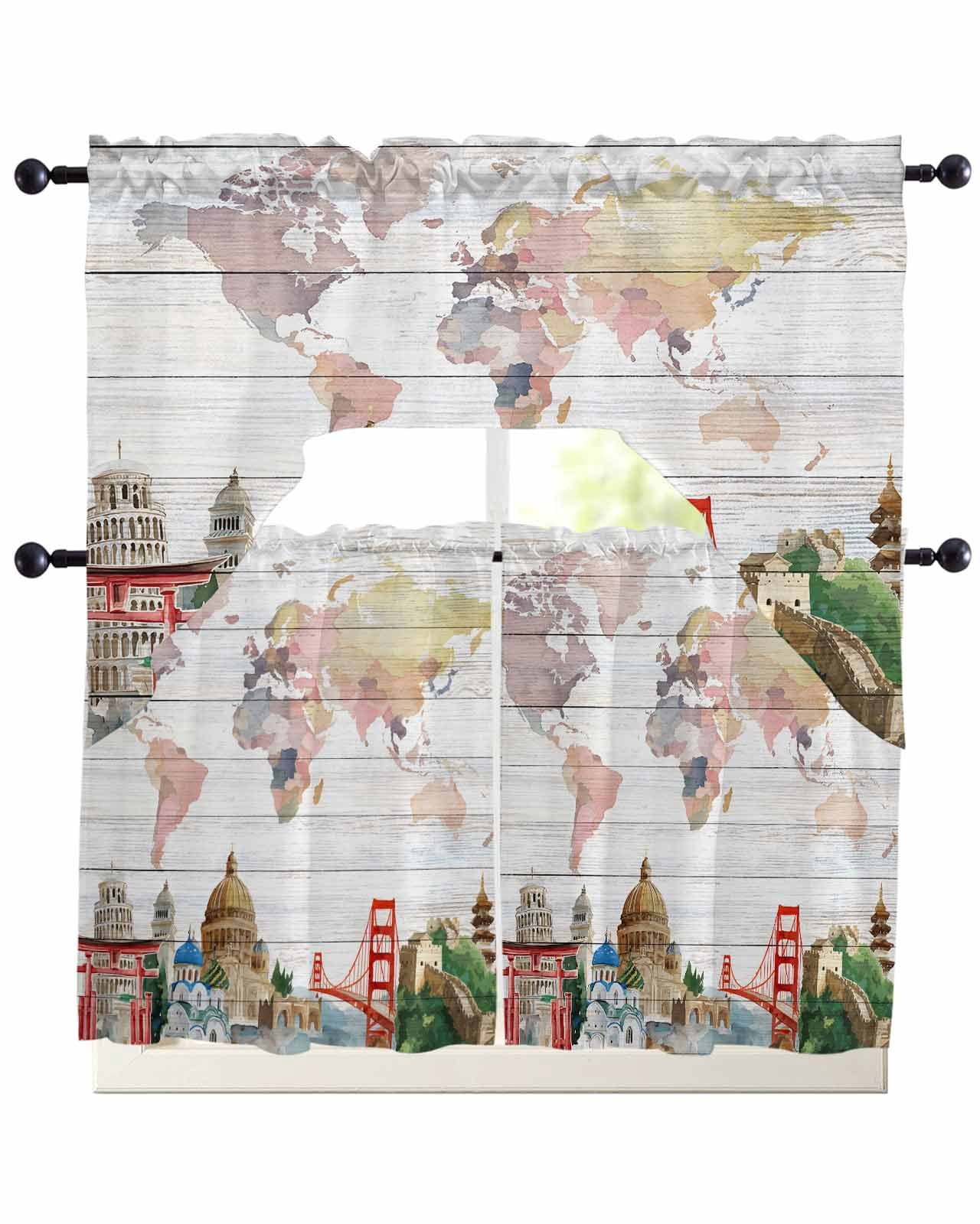 World Map Swag Curtains for Living Room/Bedroom Windows, Country Famous ...