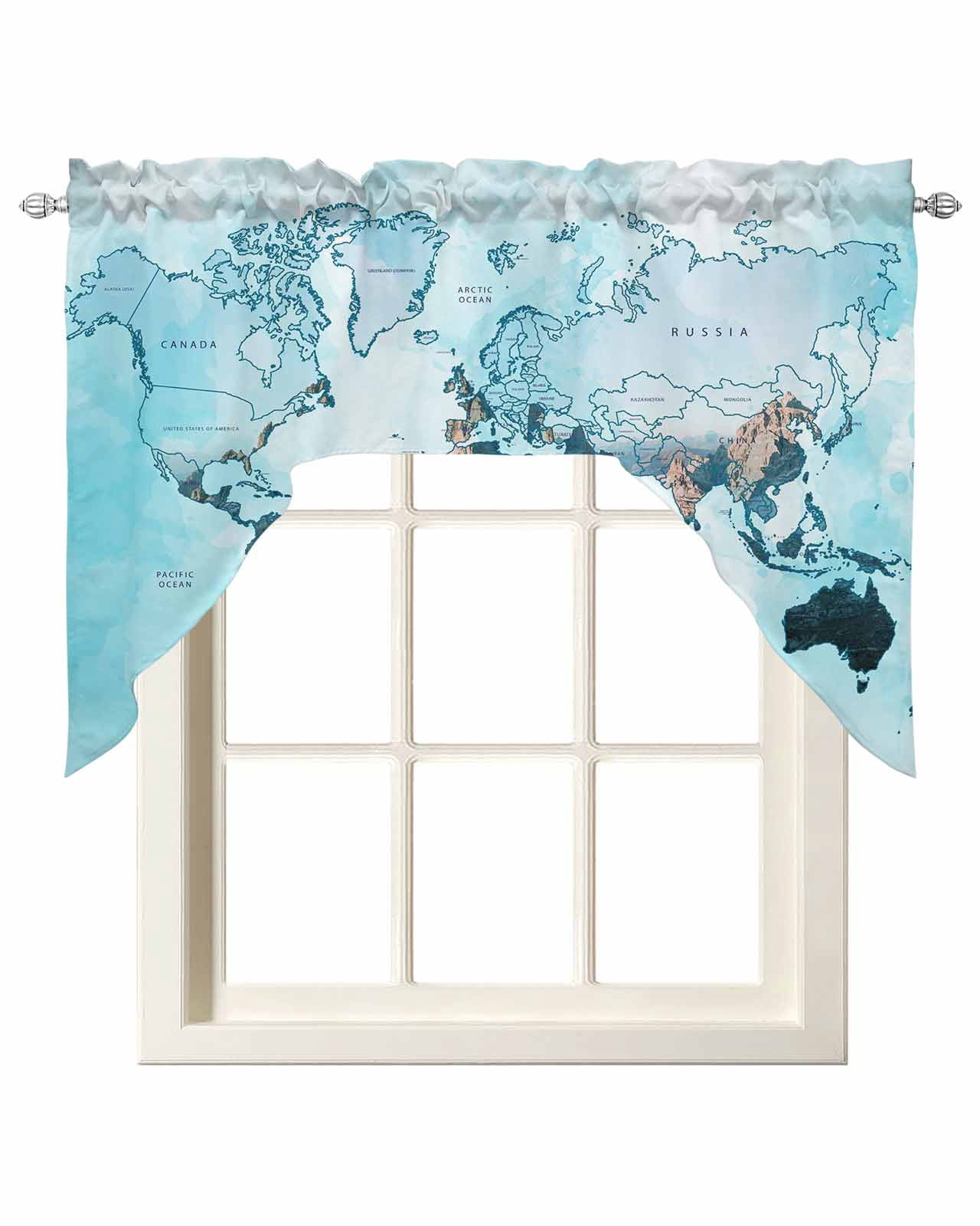 World Map Swag Valance and Tier Curtains Set Blue Map Abstract Kitchen ...