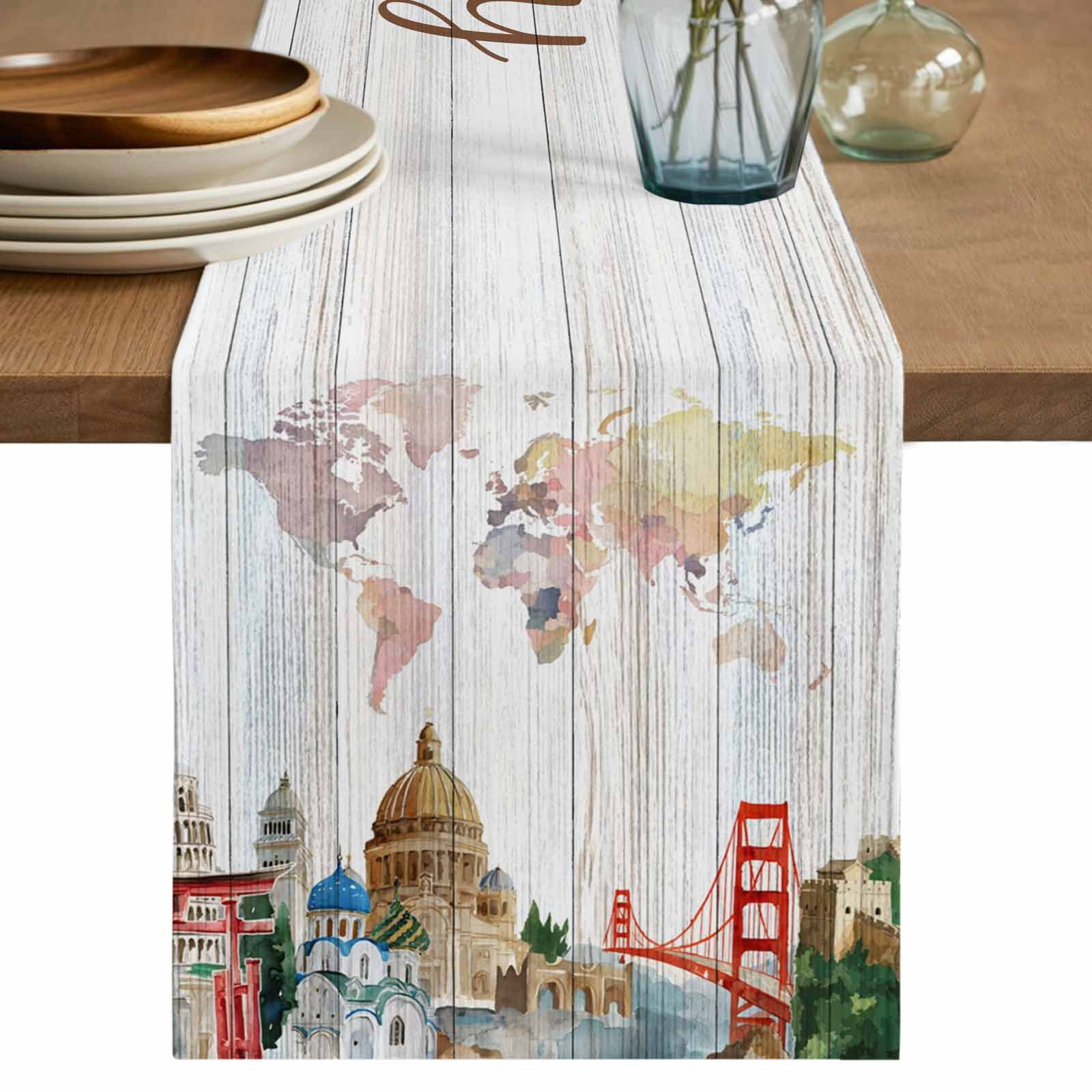 World Map Table Runner 48 Inches, Country Famous Building Tourism ...