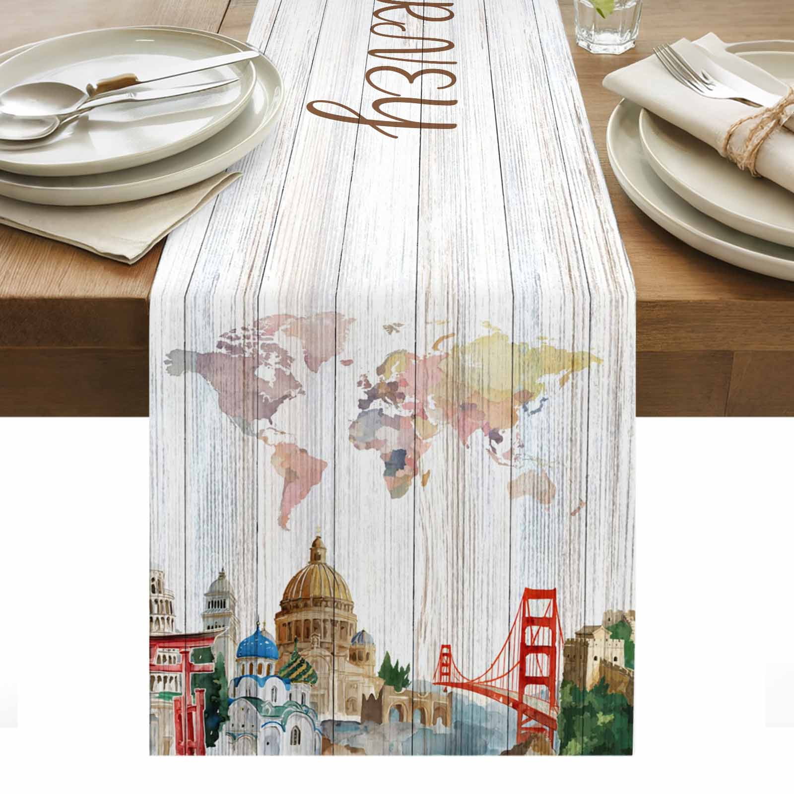 World Map Table Runner - 90 Inch Long, Kitchen Dining Table Runner ...