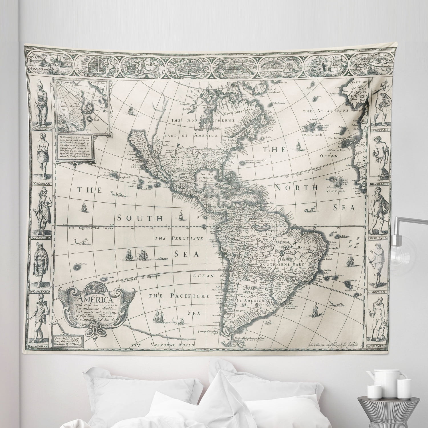 World Map Tapestry, Antique Map America in 1600s World in Medieval Time ...