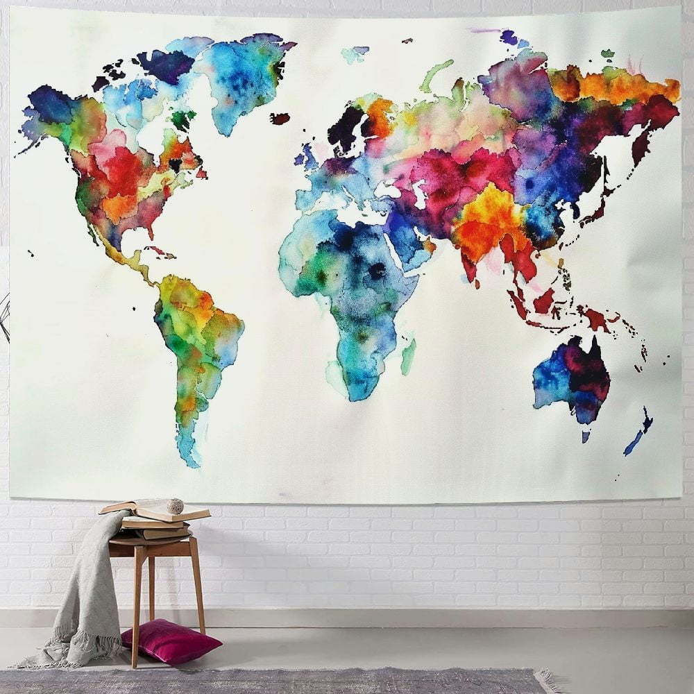 World Map Tapestry Classroom Tapestry Watercolor World Tapestry ...