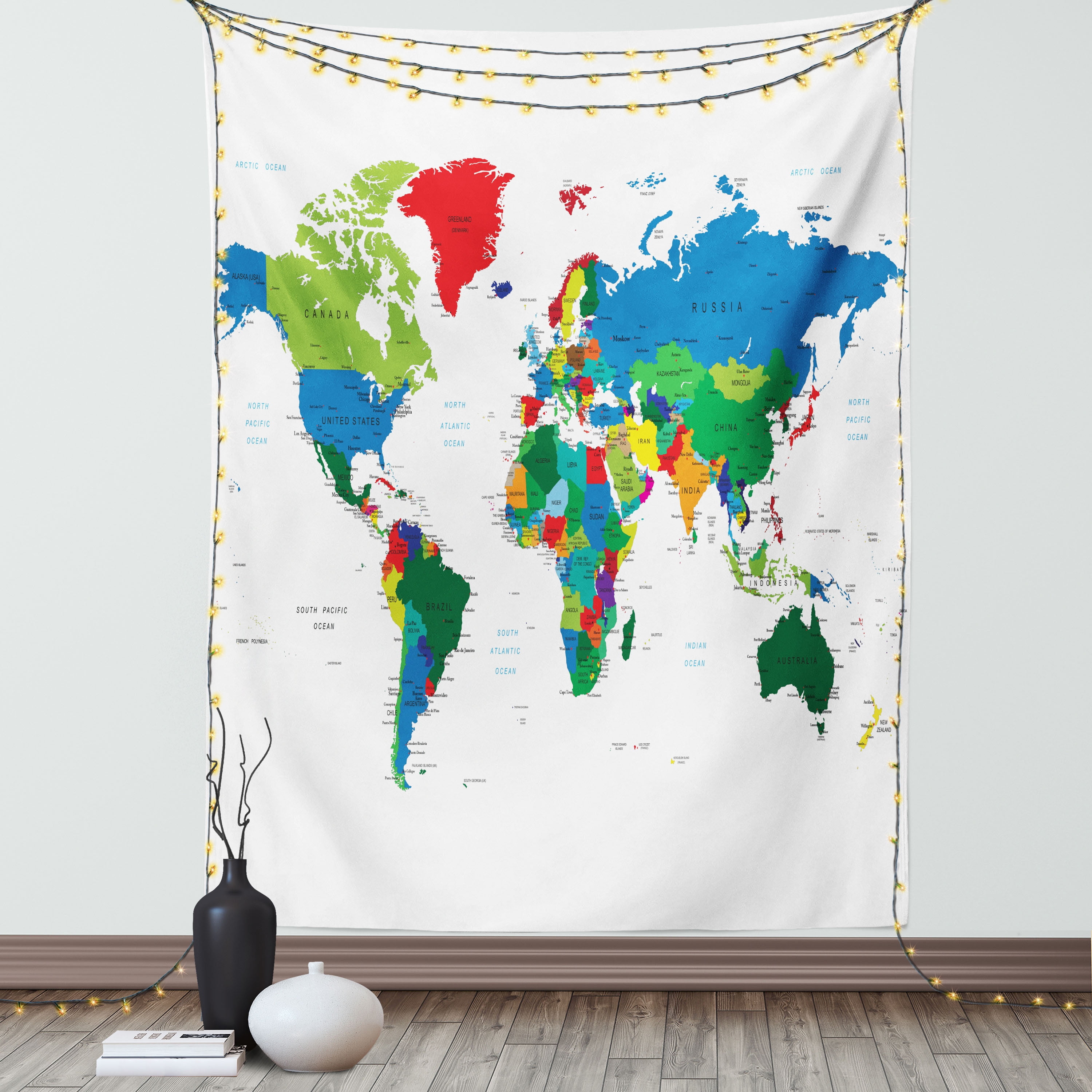 World Map Tapestry, Colorful Political Map Borders Between Countries ...