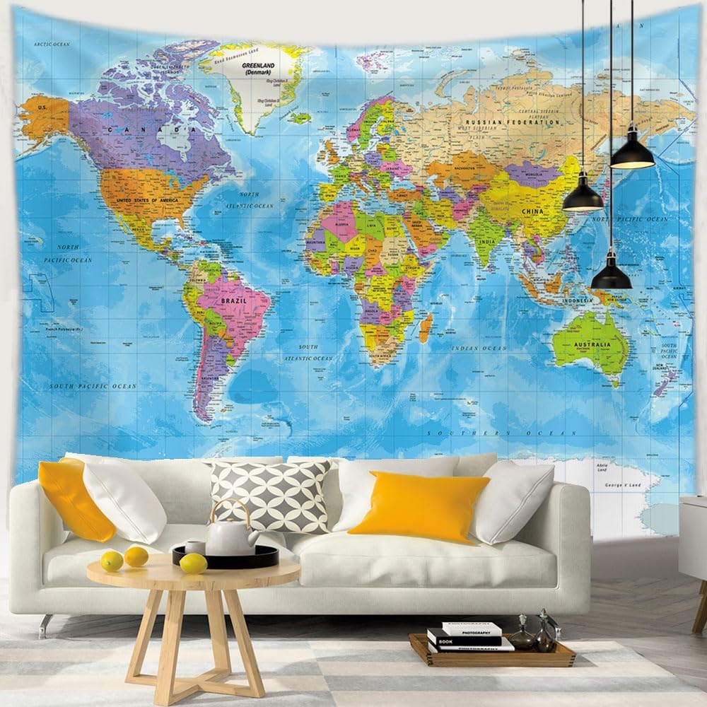 World of Map Tapestry, Educational Student Physical Kids Adventure Wall ...