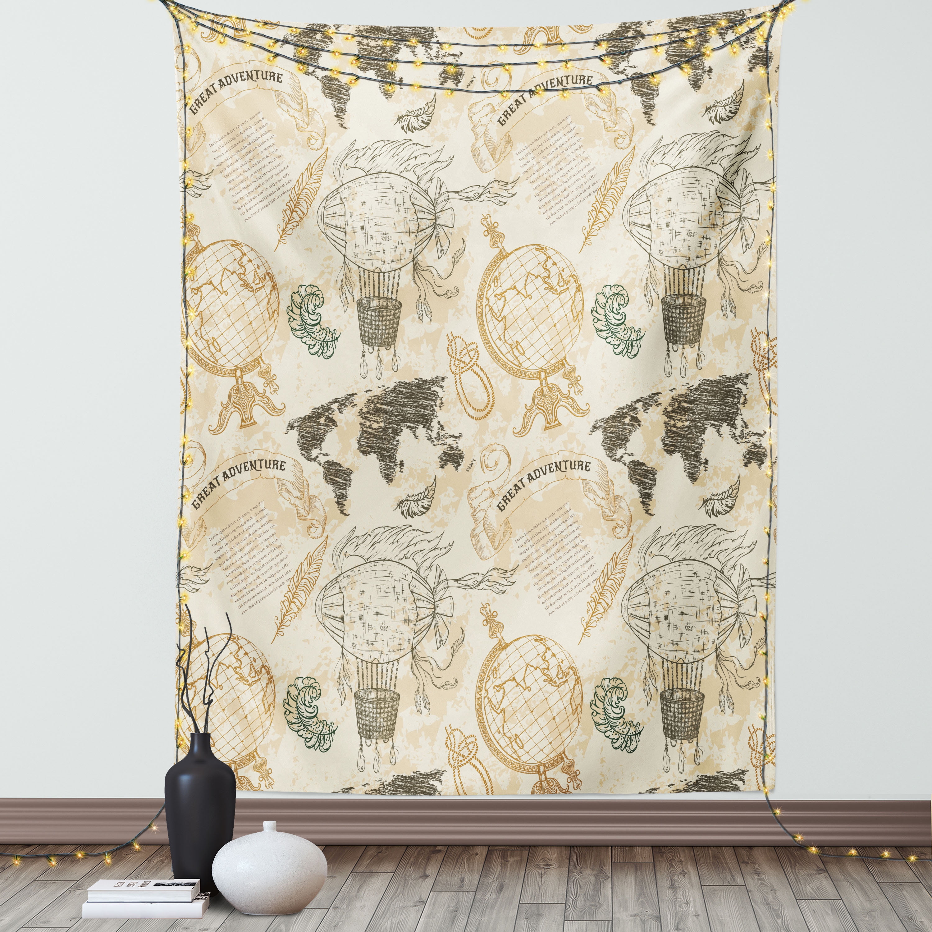 World Map Tapestry, Pattern With Vintage Globe World Map Airship Rope ...
