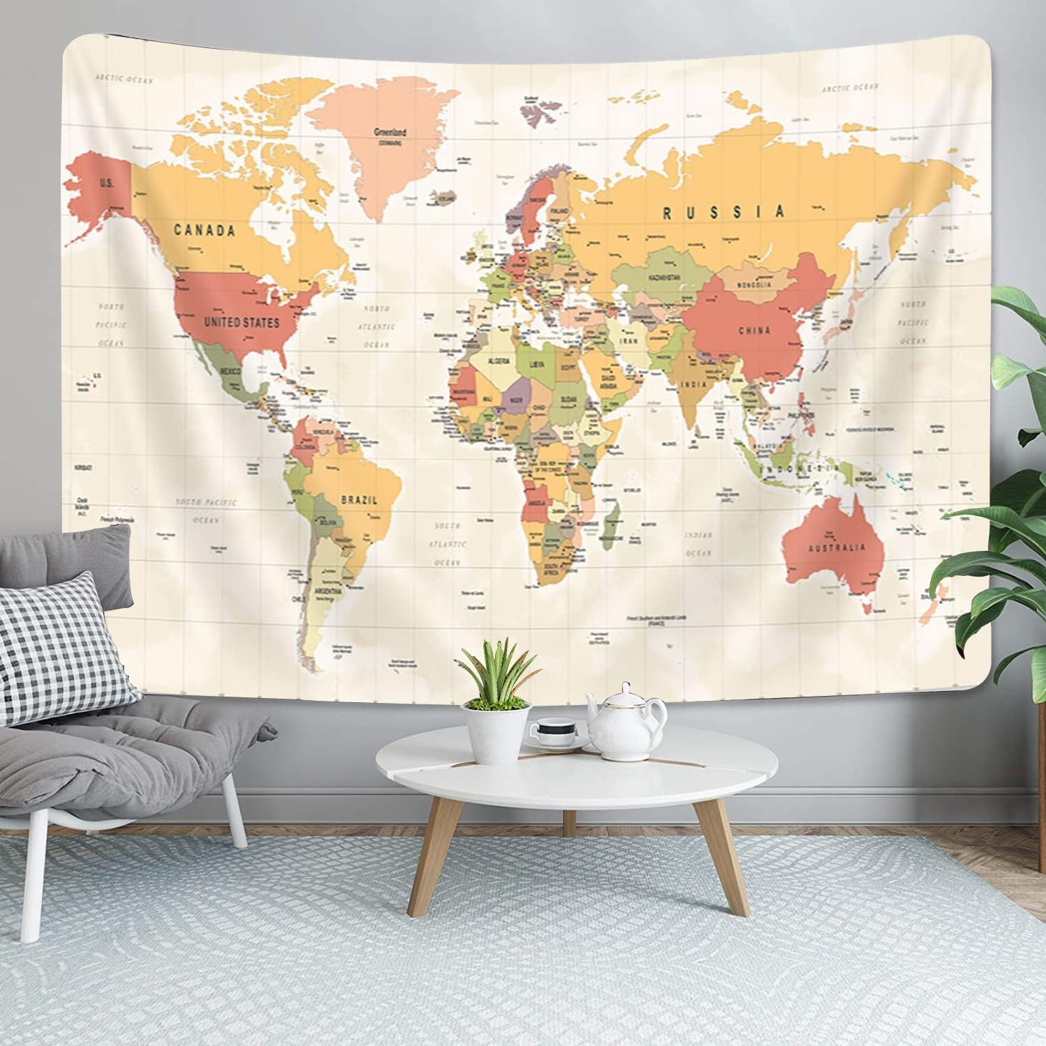 World Map Tapestry, Map of World Vintage Topography Educational ...