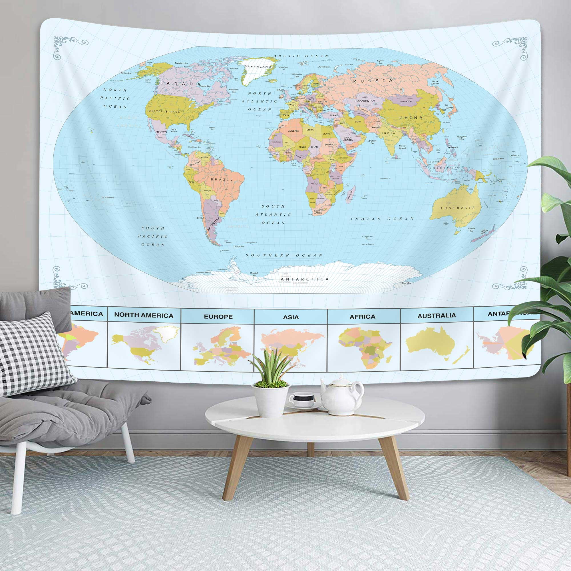 World Map Tapestry Wall Hanging, Map of The World National Educational ...