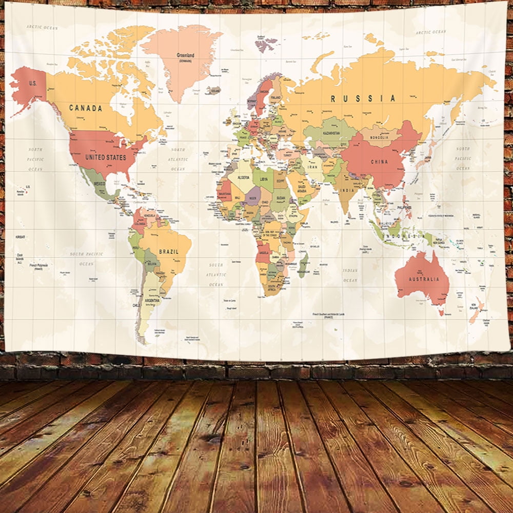 World Map Tapestry Wall Hanging, Vintage Asia Europe South City ...