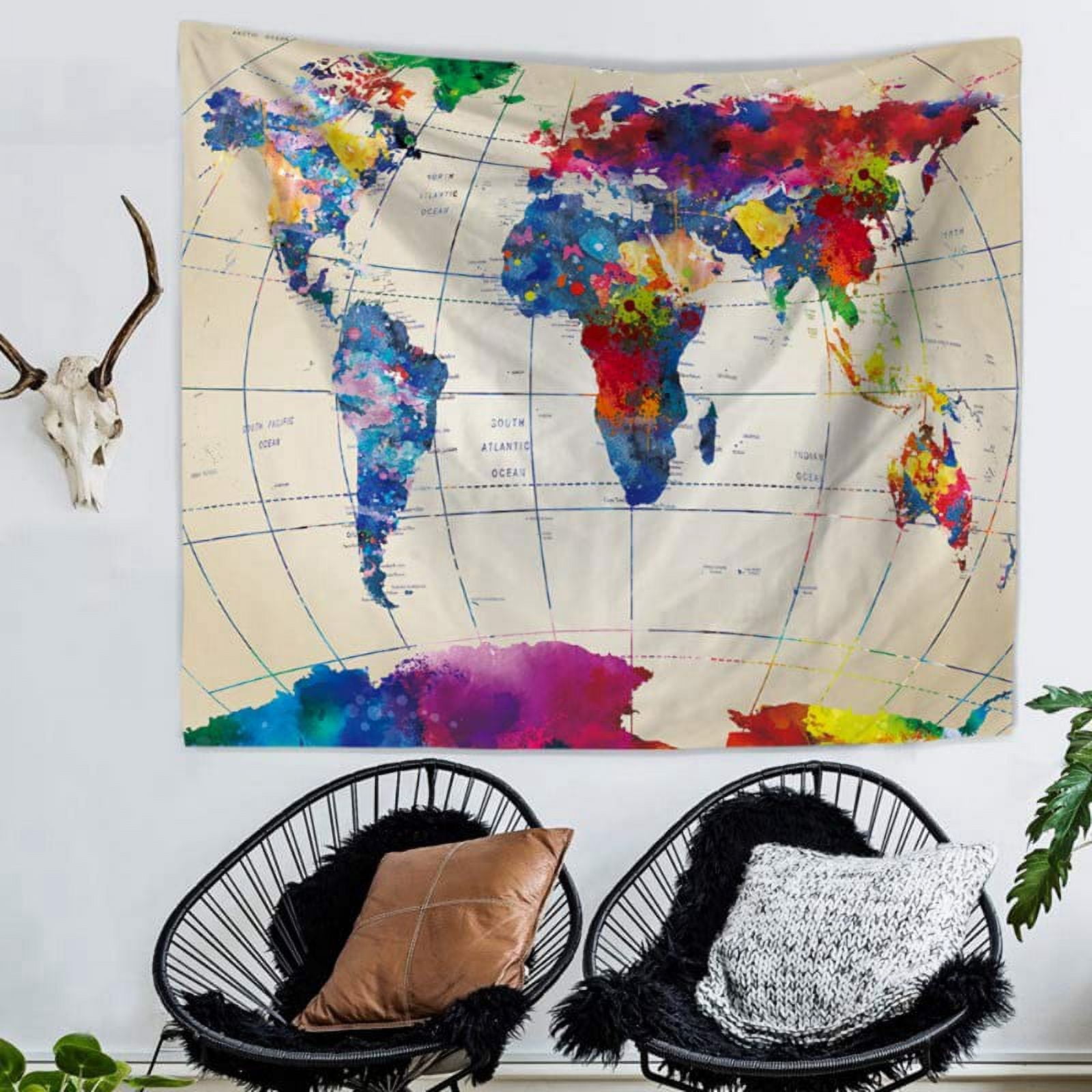 World Map Tapestry Watercolor Tapestry Abstract Map Tapestry Wall ...