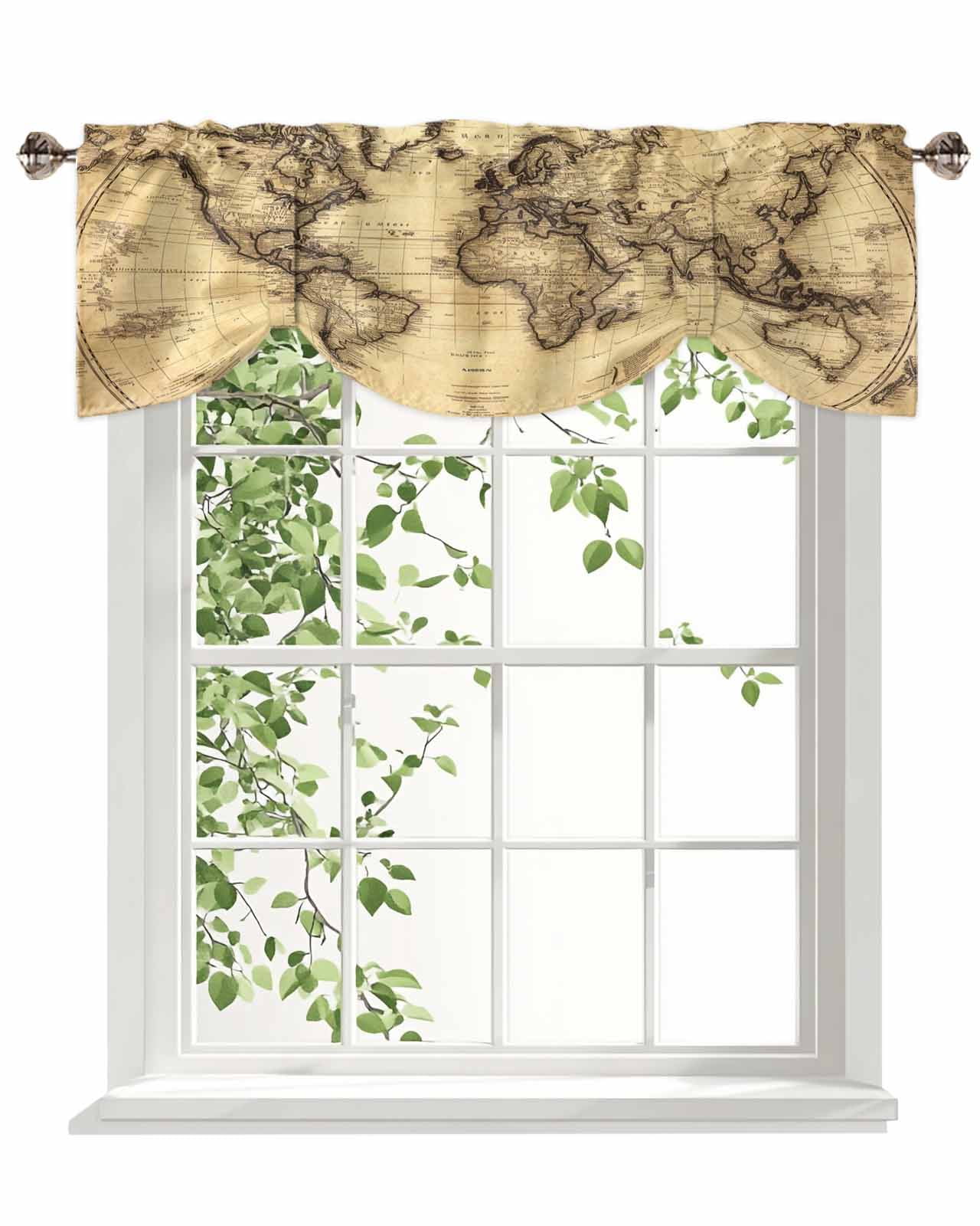 World Map Tie Up Valances Curtain, Adjustable Kitchen Retro Yellow ...