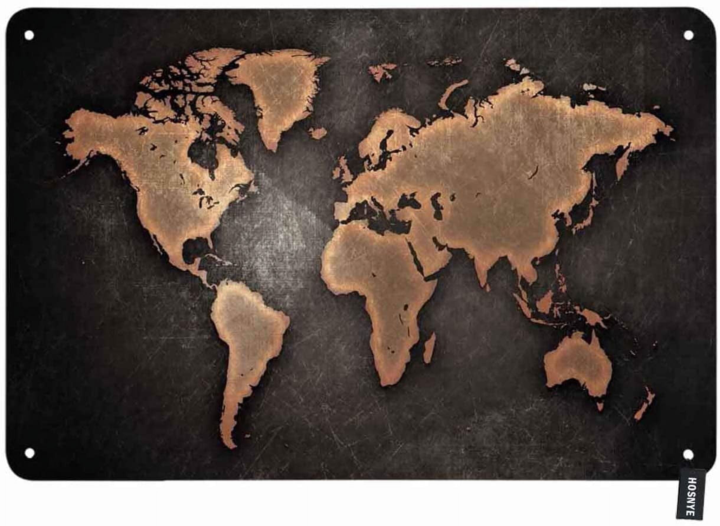 World Map Tin Sign Vintage Black Background with Seven Continents ...