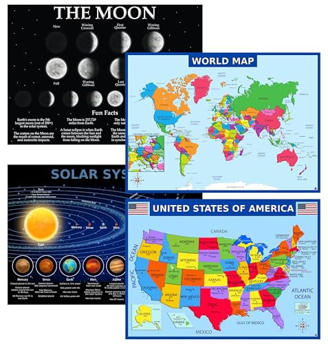 World Map, United States Map, Solar System, and Moon Phases Posters ...