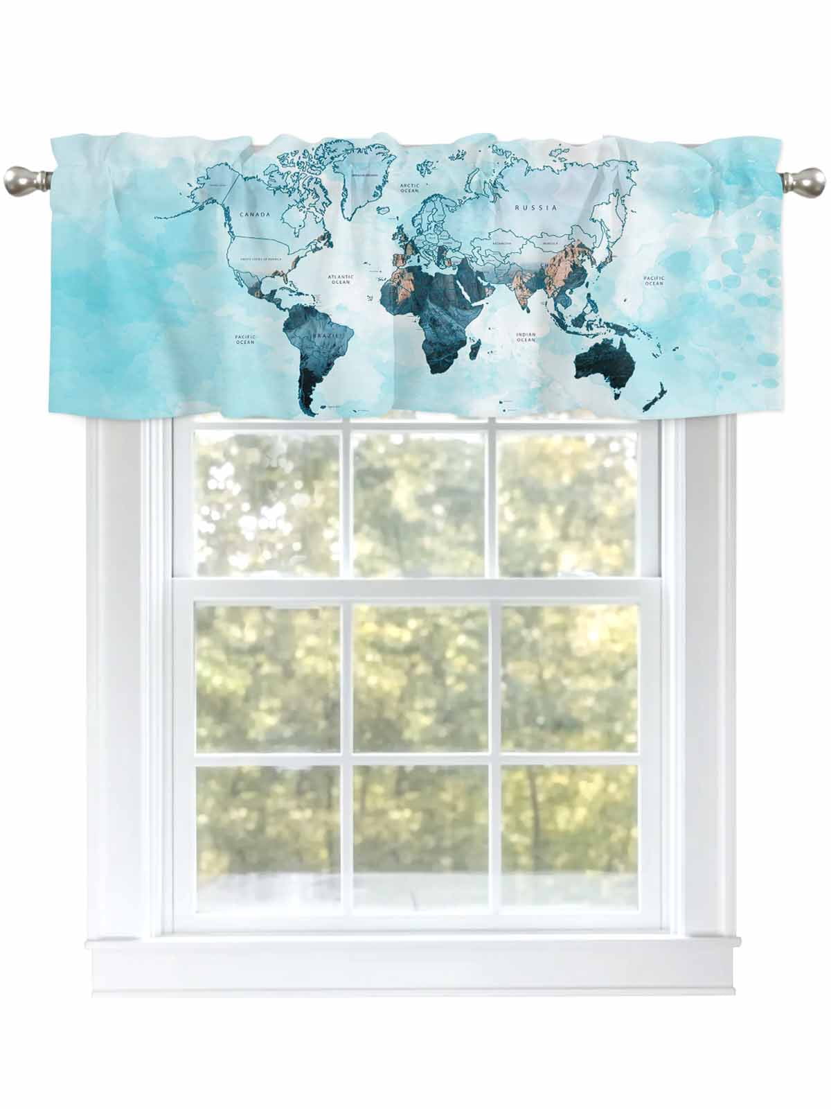 World Map Valances for Windows Blue Map Abstract Rod Pocket Curtains ...