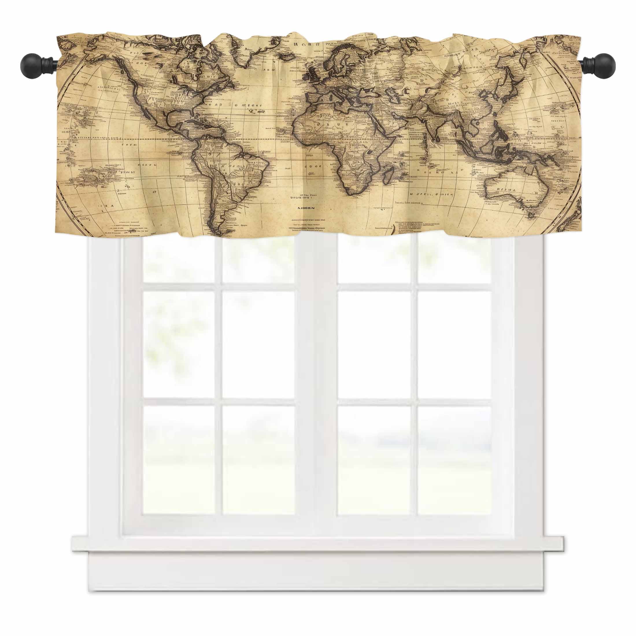 World Map Valances for Windows Retro Yellow Plate Line Abstract Rod ...
