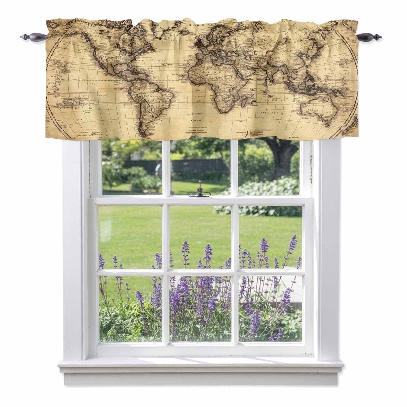 World Map Valances for Windows, Retro Yellow Plate Line Abstract ...