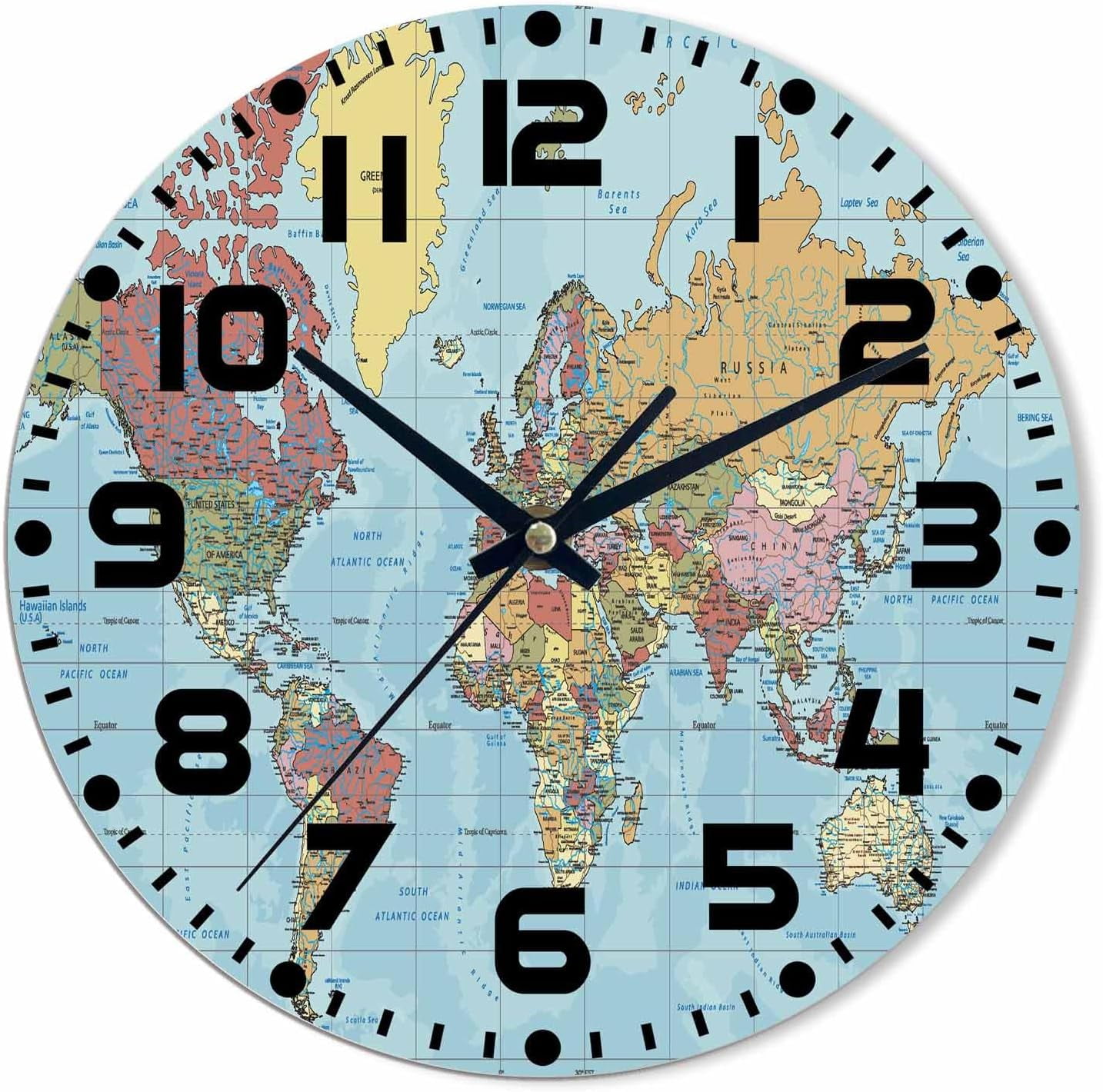World Map Wall Clock Battery Operated Ocean Mainland Countries Partial ...