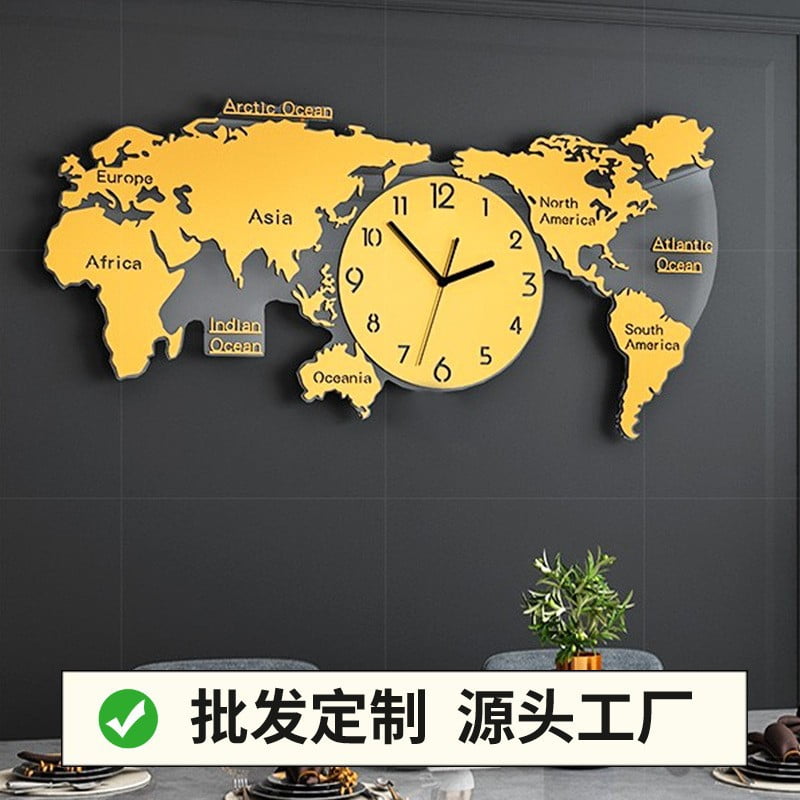 World Map Wall Clock Classic Simple and Light Luxury Living Room Clock ...