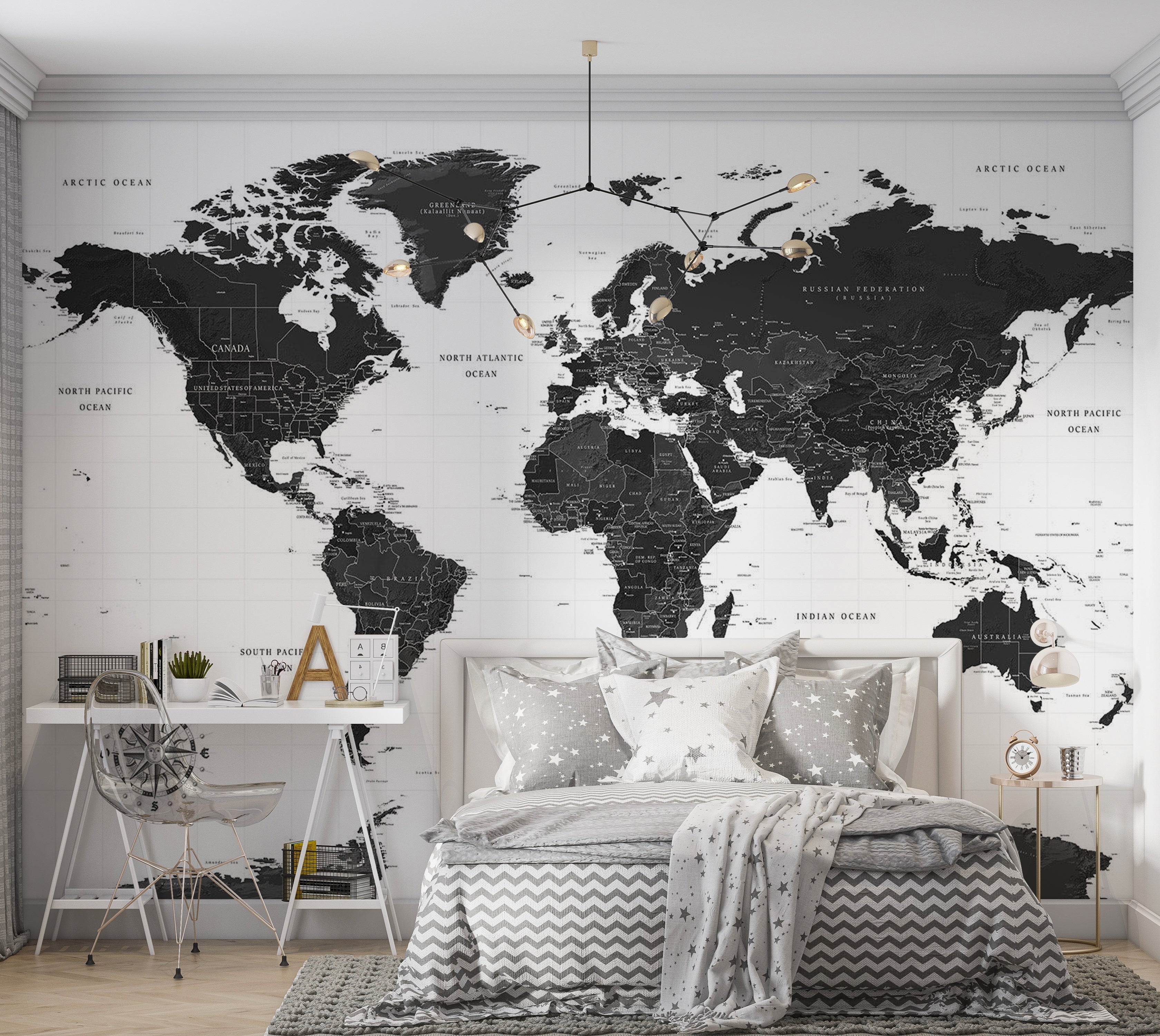 World Map Wallpaper Wall Mural - Black and White Map - Walmart.com