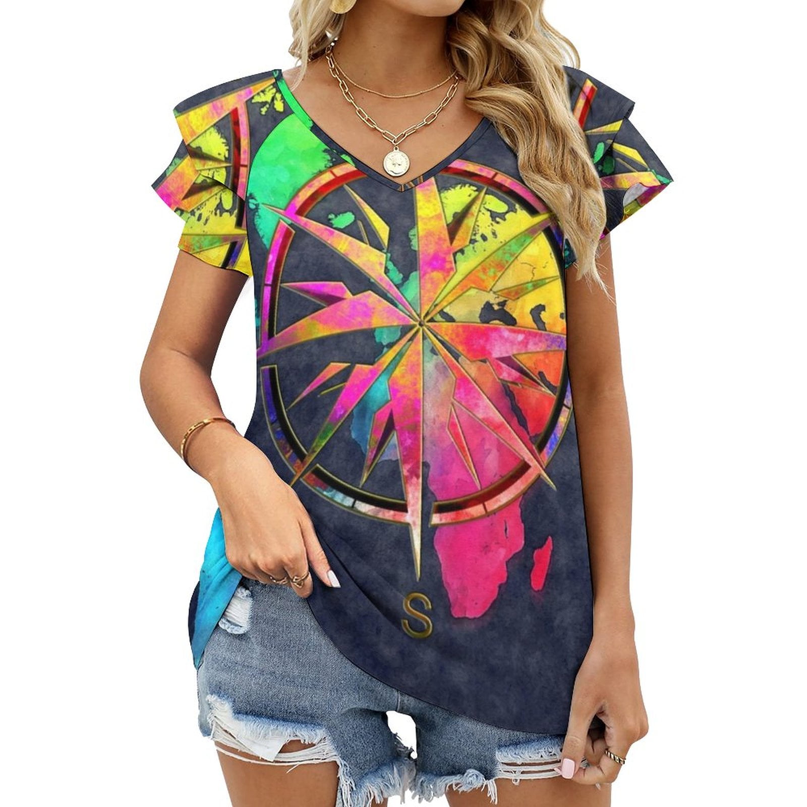 World Map Wind Rose 9 Worldmap Map Ruffle Short Sleeve T-Shirt Women's ...