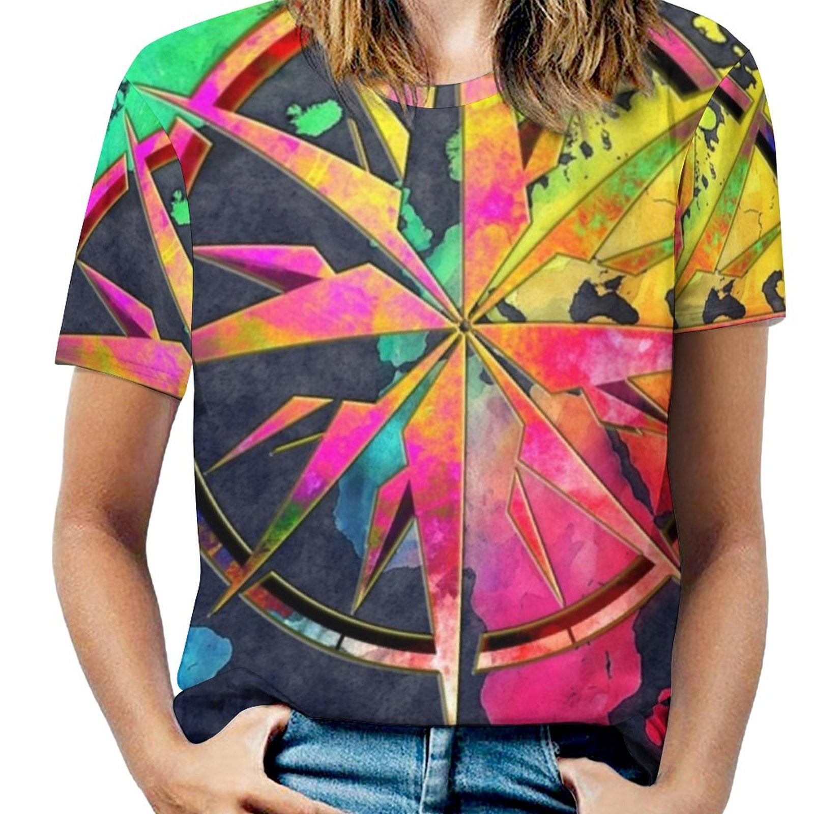 World Map Wind Rose 9 Worldmap Map Ruffle Short Sleeve T-Shirt Women's ...