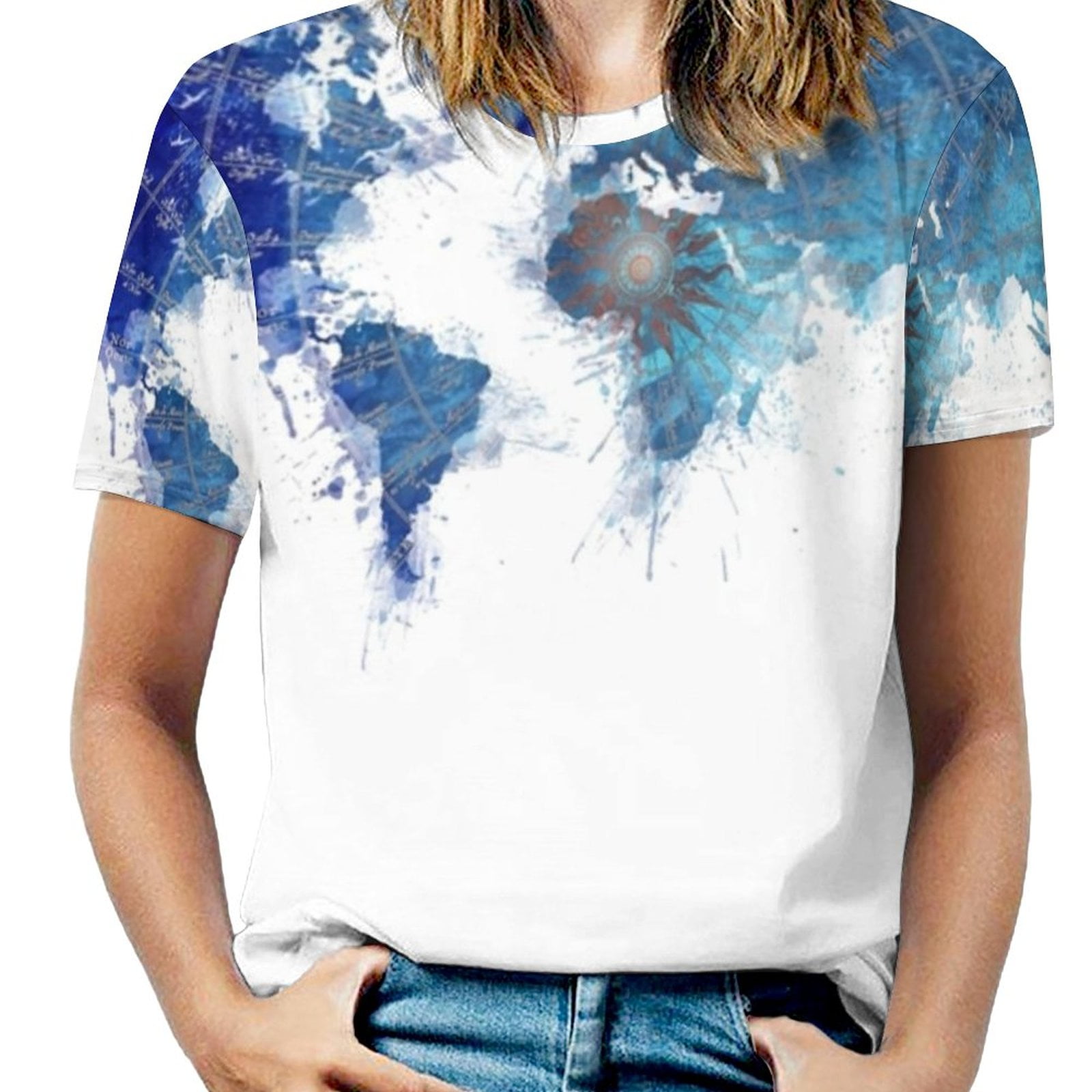 World Map Wind Rose Splash Ruffle Short Sleeve T-Shirt V Neck Shirts ...