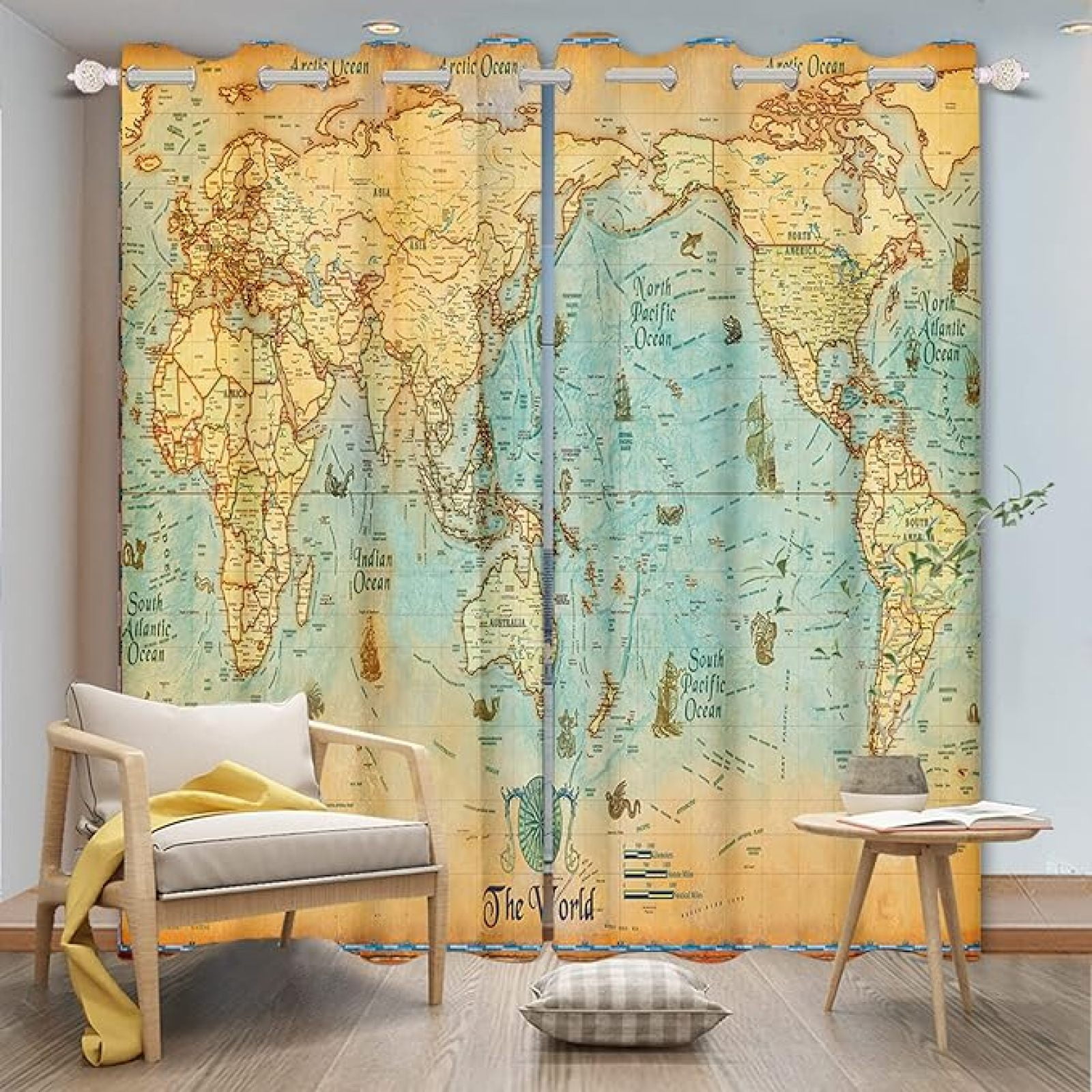 World Map Window Curtain Of 2 Panels Nostalgic Geography Map Curtains ...