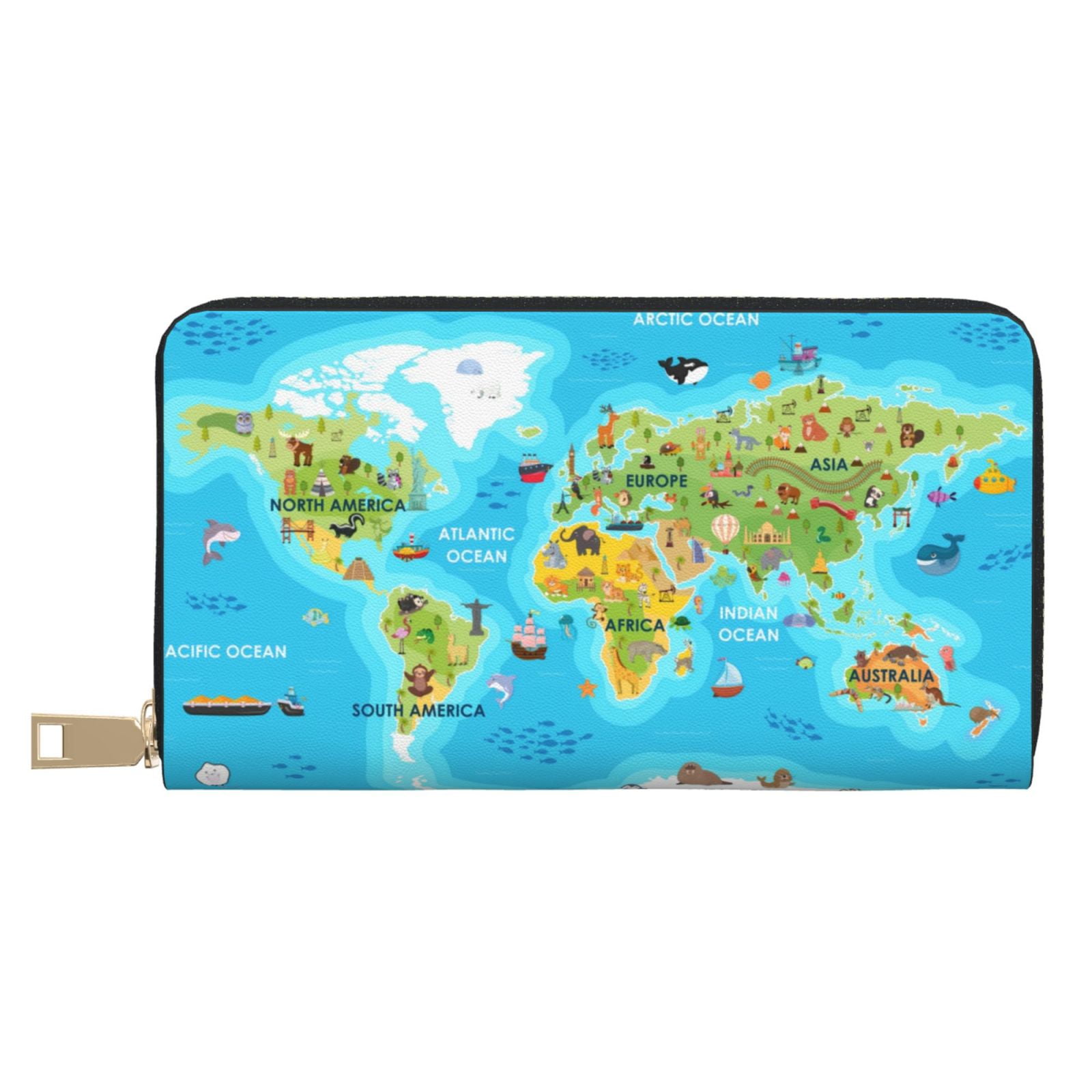 World Map With Animals Landmarks Wallet Women, Leather Bifold Multi ...