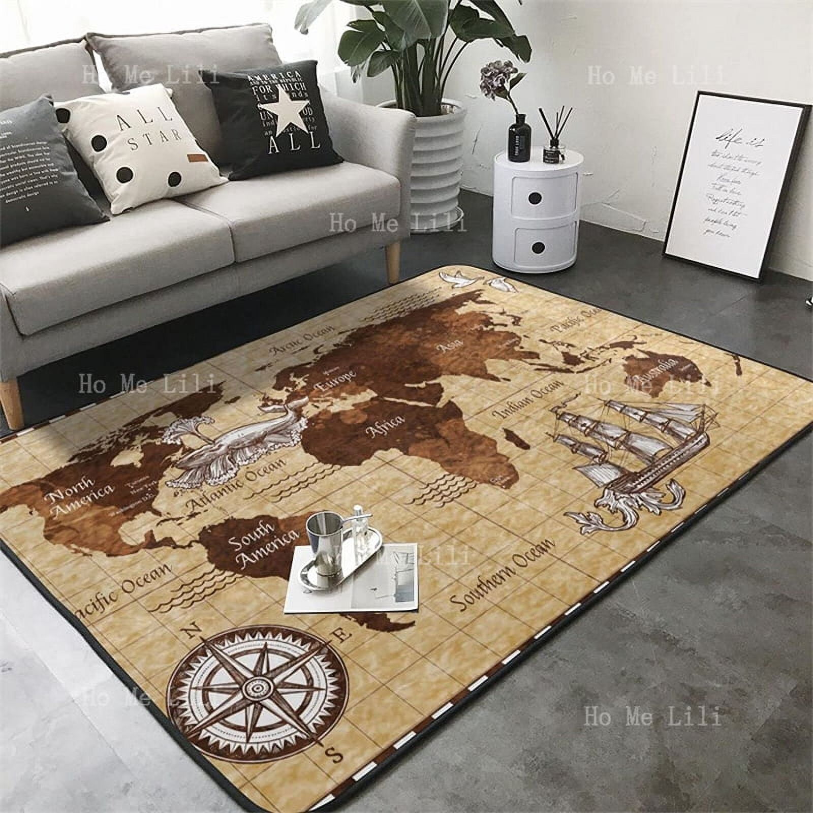 World Map With Compass Flannel Floor Rugs Modern Soft Large Indoor Home ...