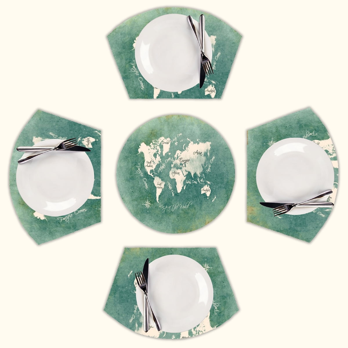 World Maps Round Table Placemats Set Of 5 Wedge Table Mats Washable ...
