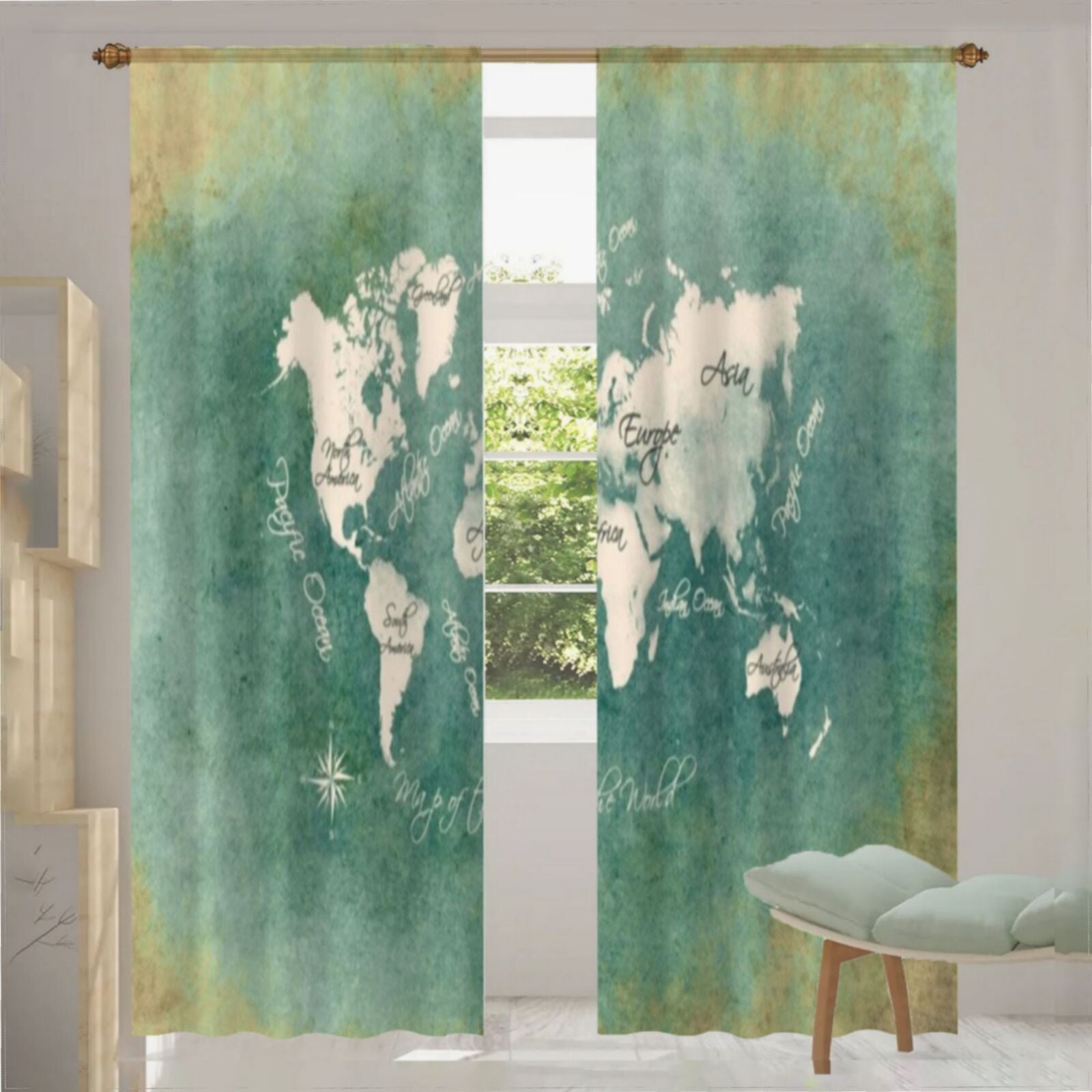 World Maps Sheer Window Curtains for Living Room Kitchen Bedroom Tulle ...