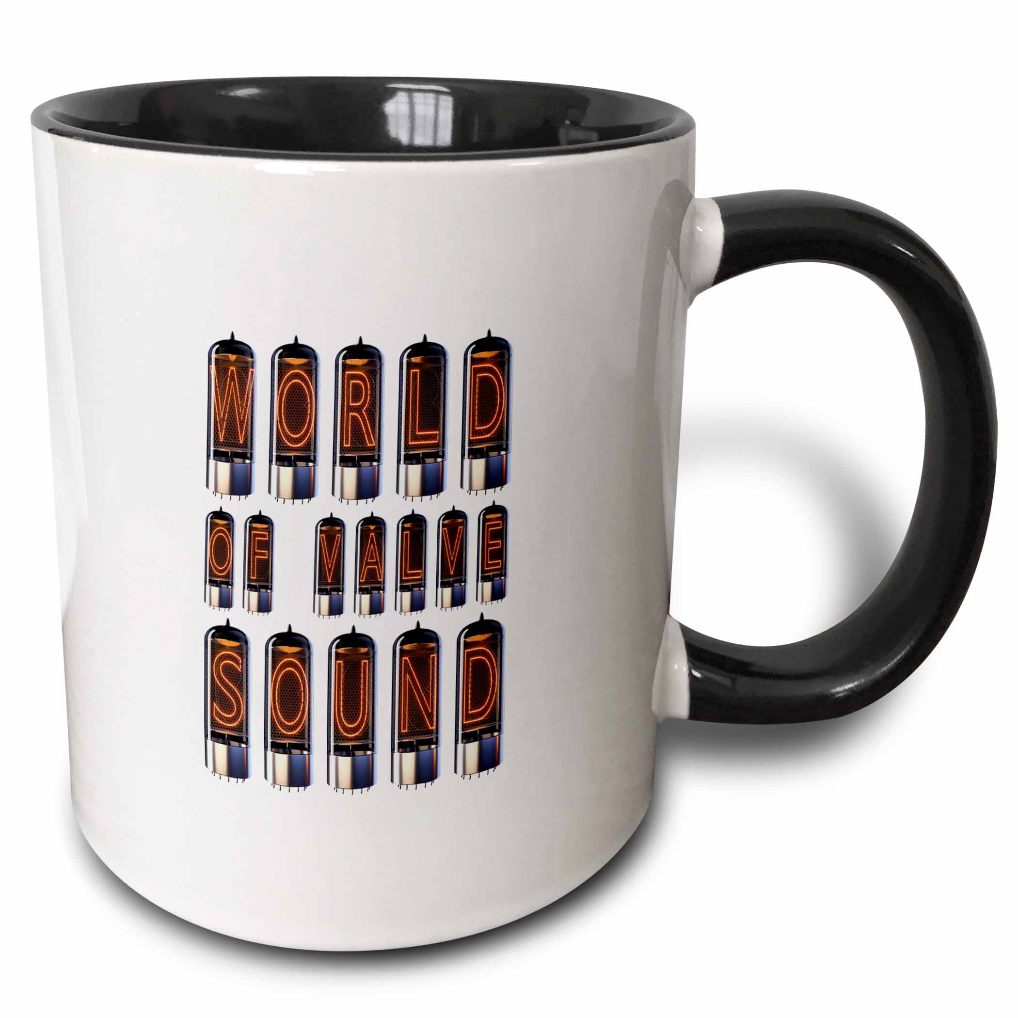 World Of Valve Sound, funny vacuum tube stylized text on white 11oz Two ...