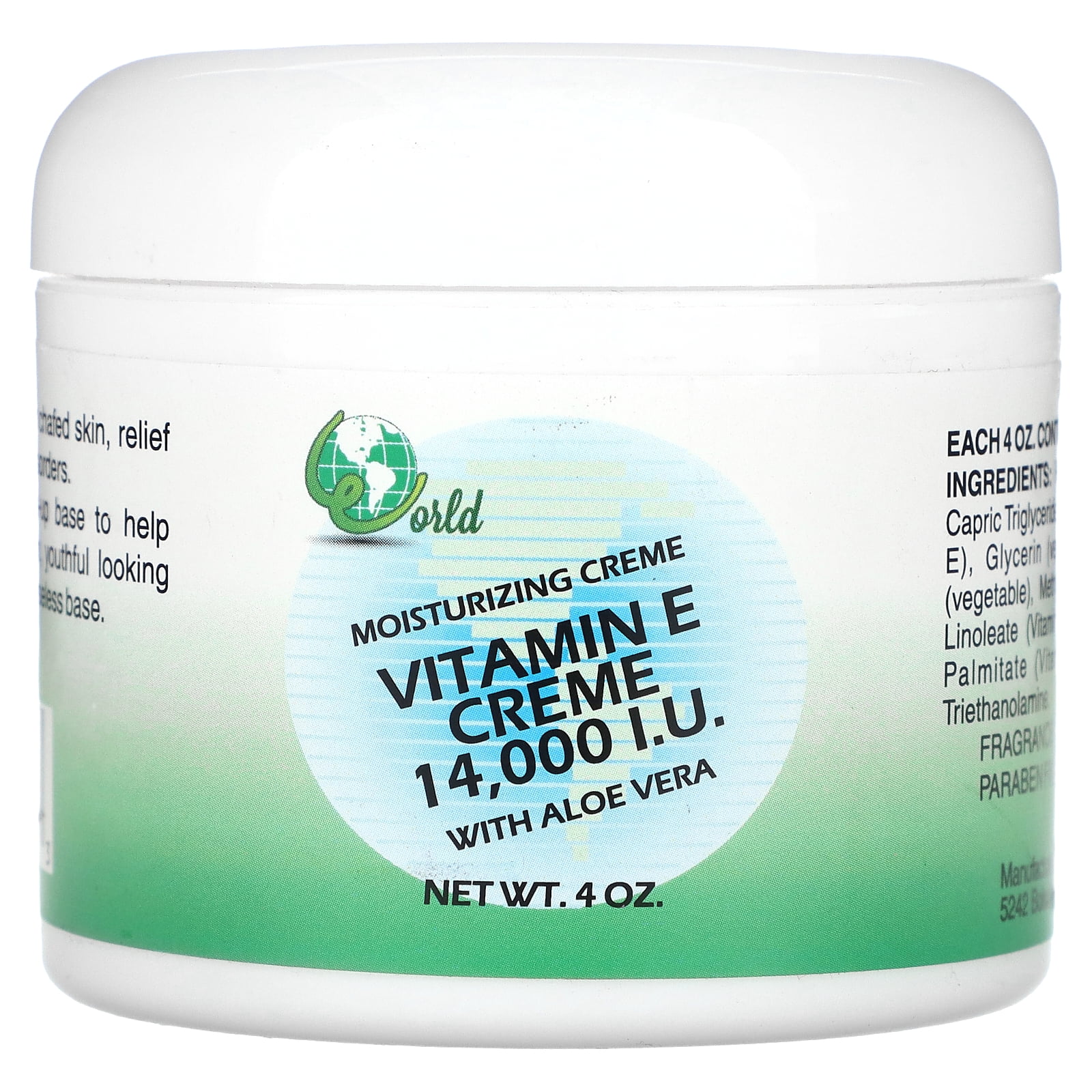 World Organic Vitamin E Creme, Aloe Vera, 4 oz, Moisturizing Cream ...