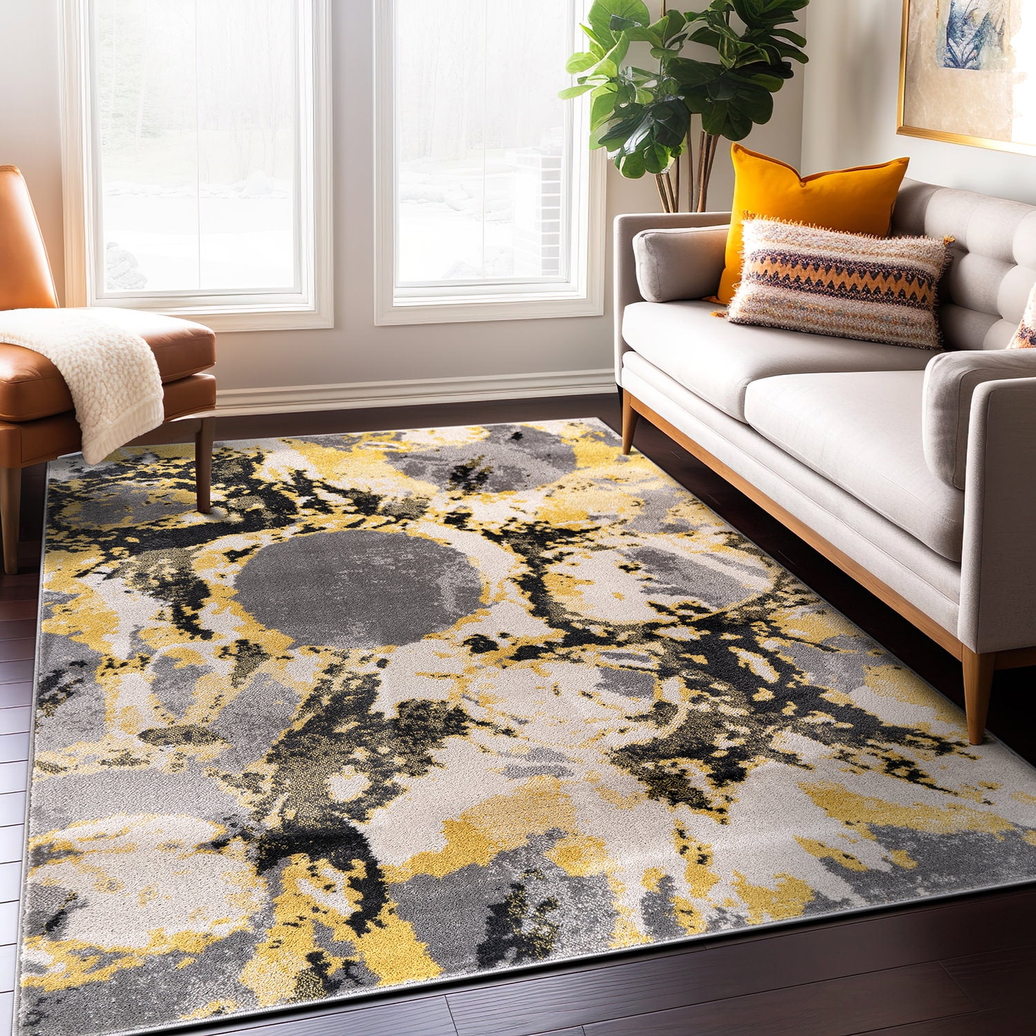 World Rug Gallery Contemporary Abstract Circles Area Rug - Yellow 5'x7 ...