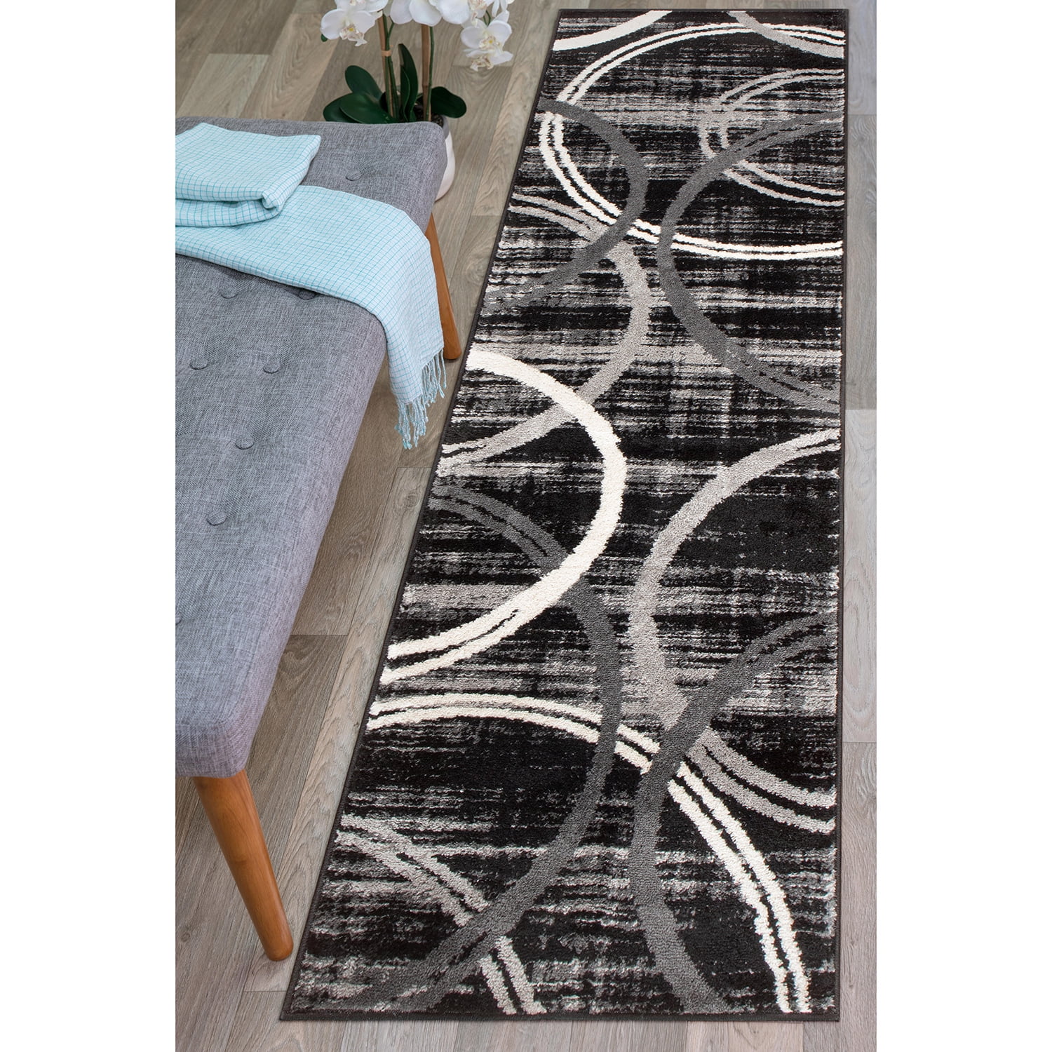 World Rug Gallery Contemporary Abstract Circles Design 2'x7'2" Black ...