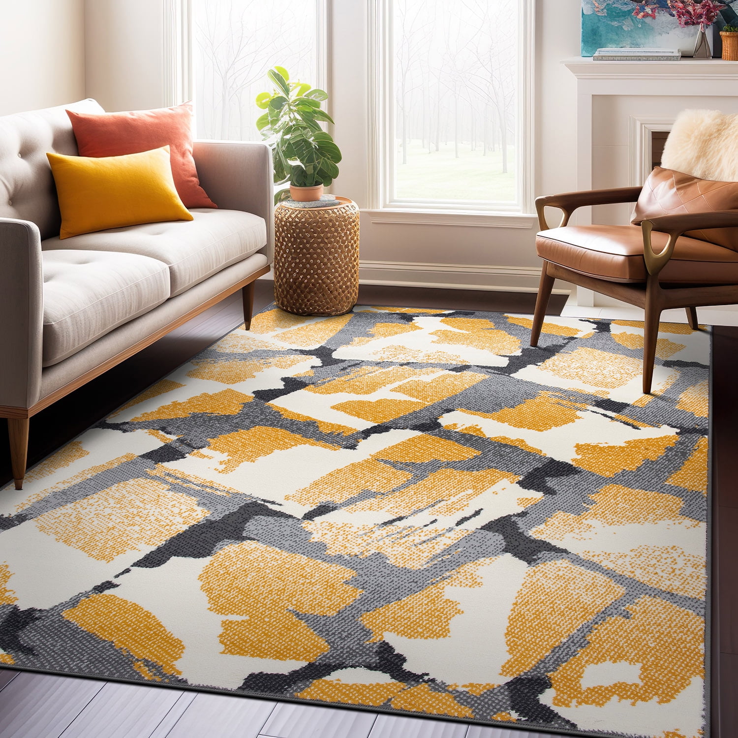 World Rug Gallery Contemporary Abstract Design Area Rug - Yellow 5'x7 ...